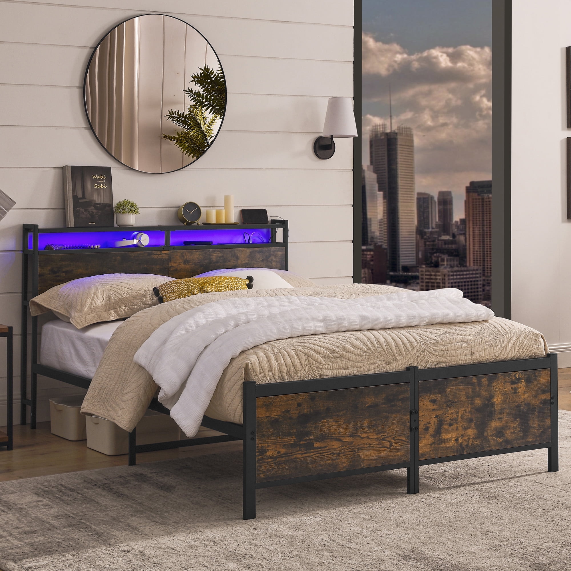 BIGWOO Metal Platform Bed Frame with Headboard Lamp Light and USB ...