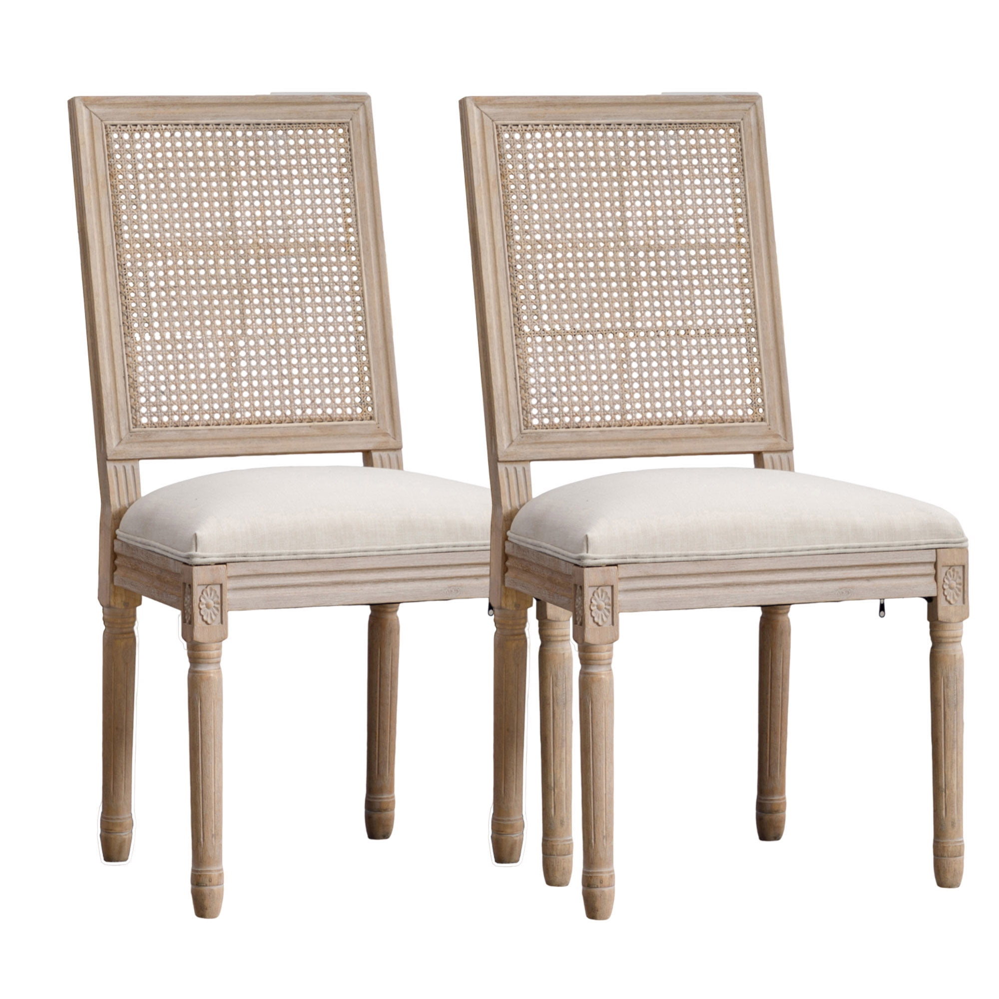 BIGWOO Solid Wood Frame Dining Chair Linen Fabric Rattan Square Back ...