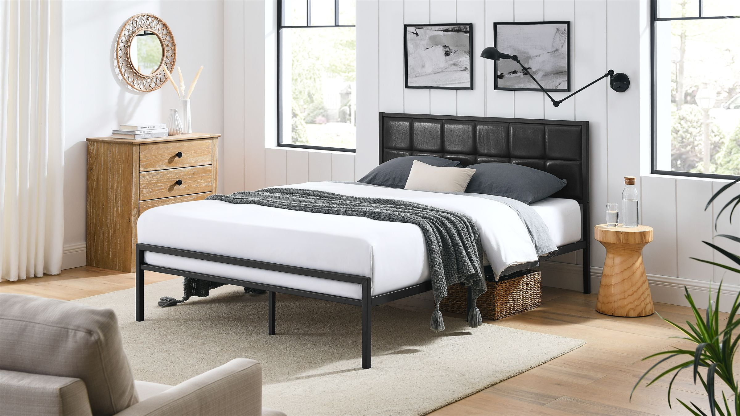 BIKAHOM Boston Platform Metal Bed Frame with Faux Leather Headboard ...