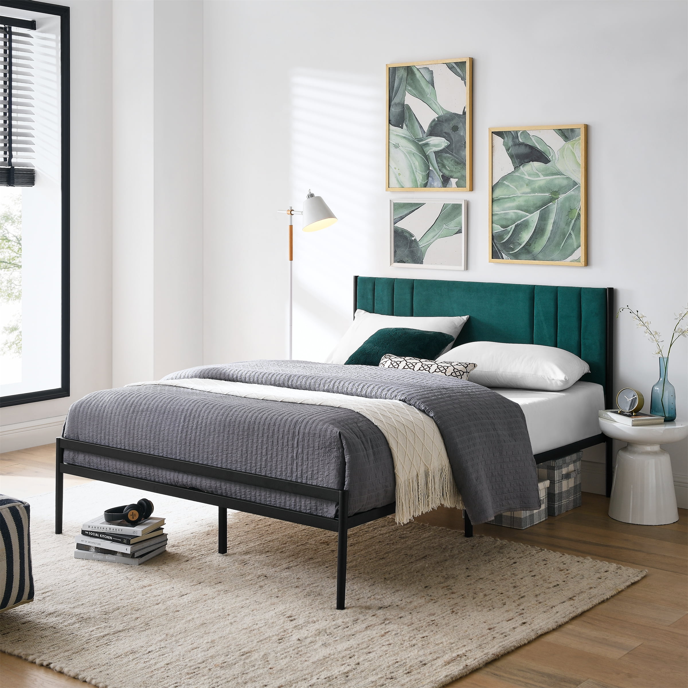 BIKAHOM Spokane Platform Metal Bed Frame with Teal Polyester Headboard ...