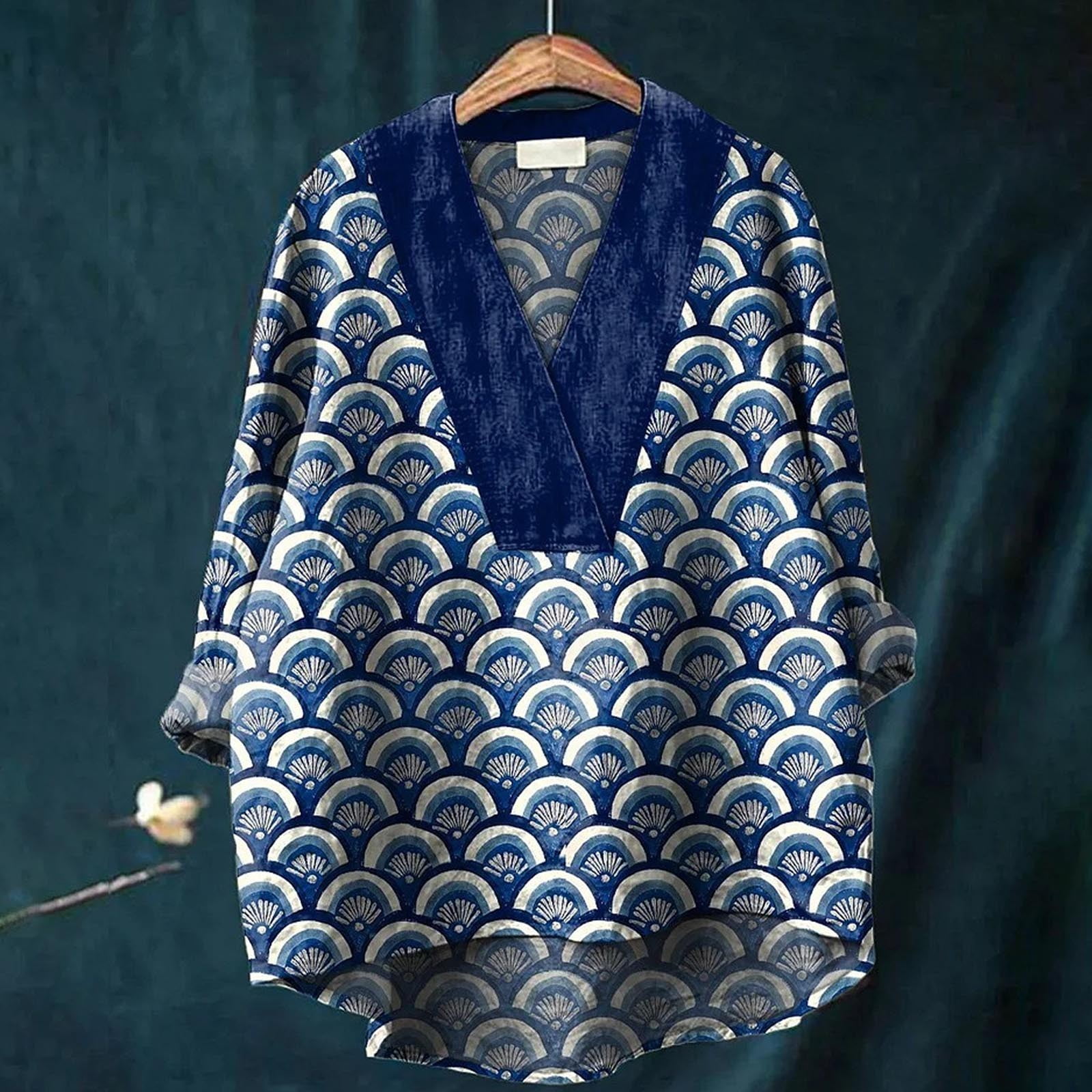BILIKEYU Japanese Traditional Geometric Pattern Printed Shirt for Women ...