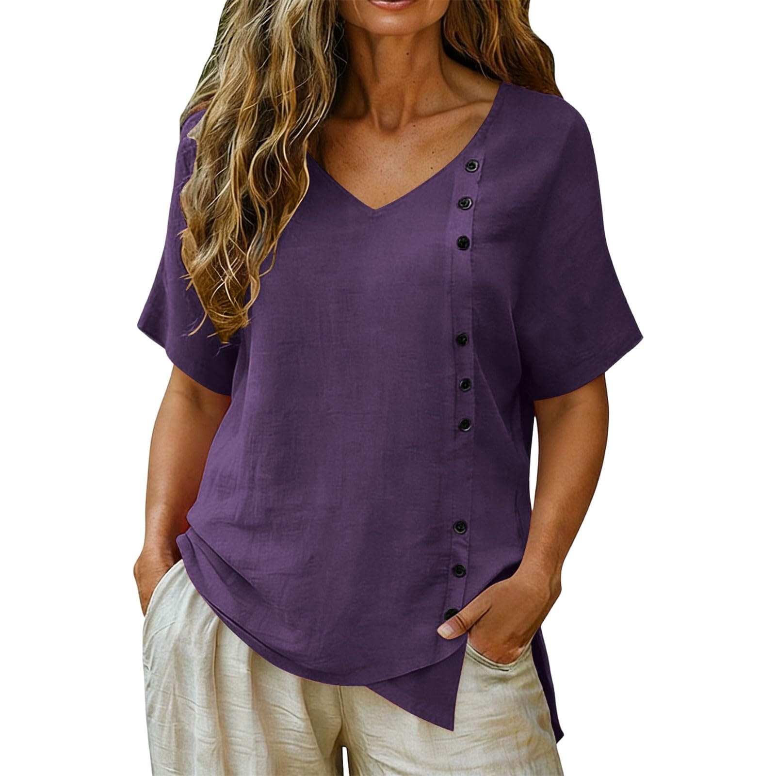 BILIKEYU Loose Fit Linen Button Down, Women's V Neck Short Sleeve ...