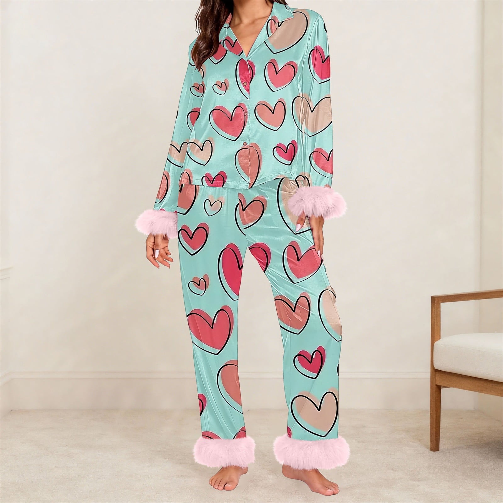 BILIKEYU Women Valentine's Day Button Down Pajamas Set Heart Print Silk ...
