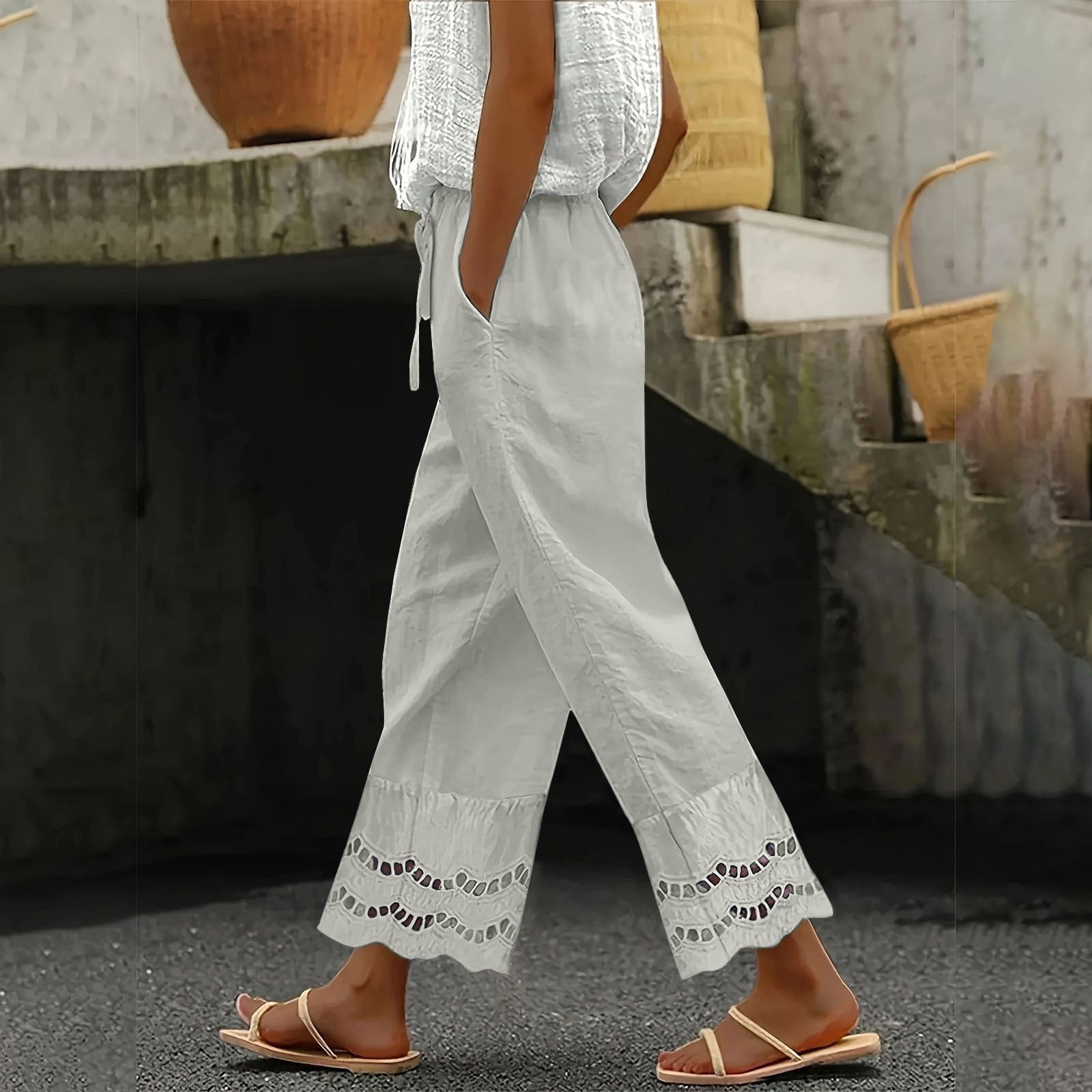 BILIKEYU Women's Casual Loose Fitting Waist Cotton And Linen Pants ...