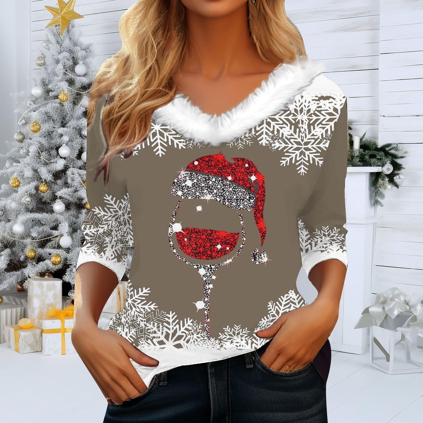 BILIKEYU Women's Christmas Printed Long Sleeve V Neck Blouse ...