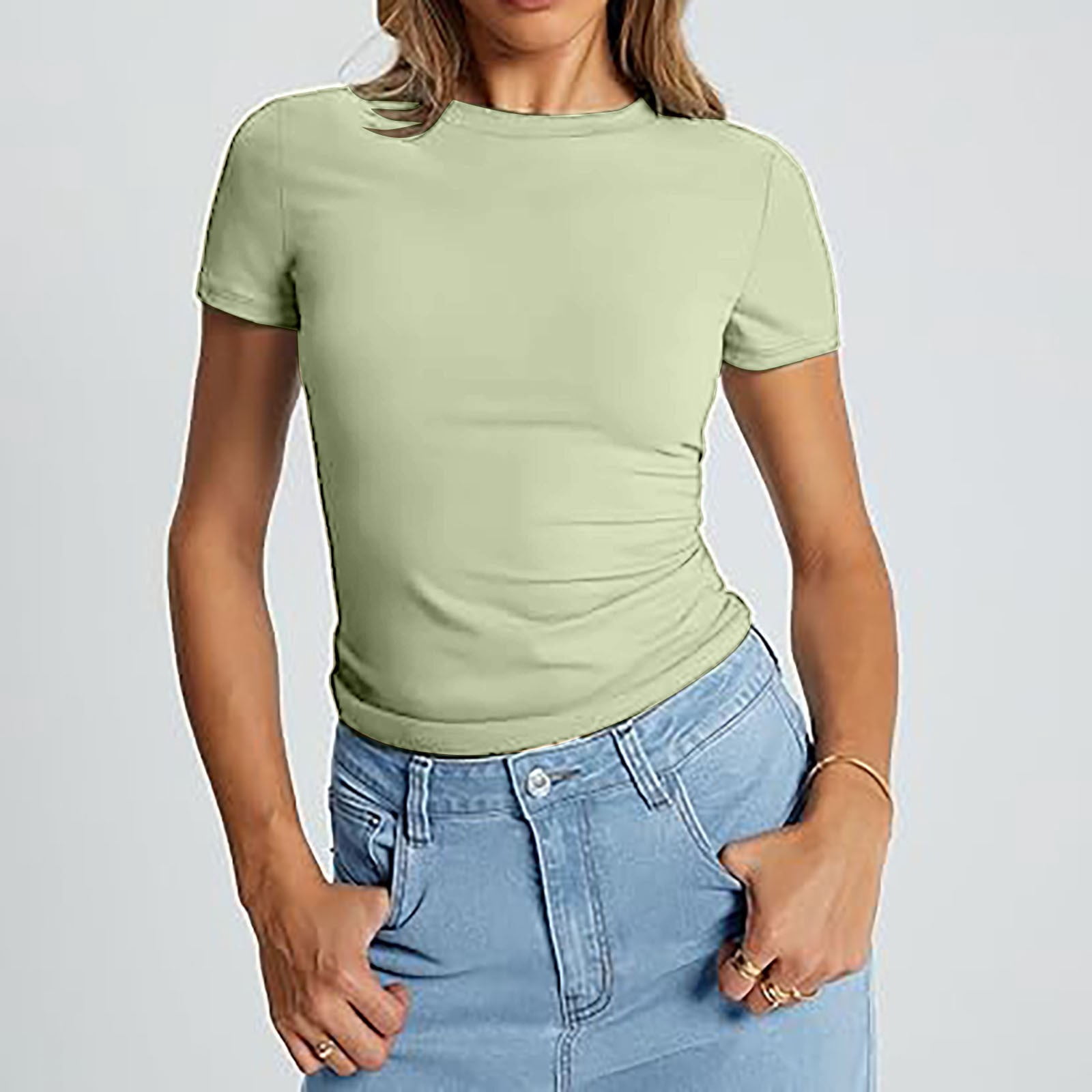 BILIKEYU Women's Crop T Shirt Round Neck Short Sleeves, Short Sleeve ...