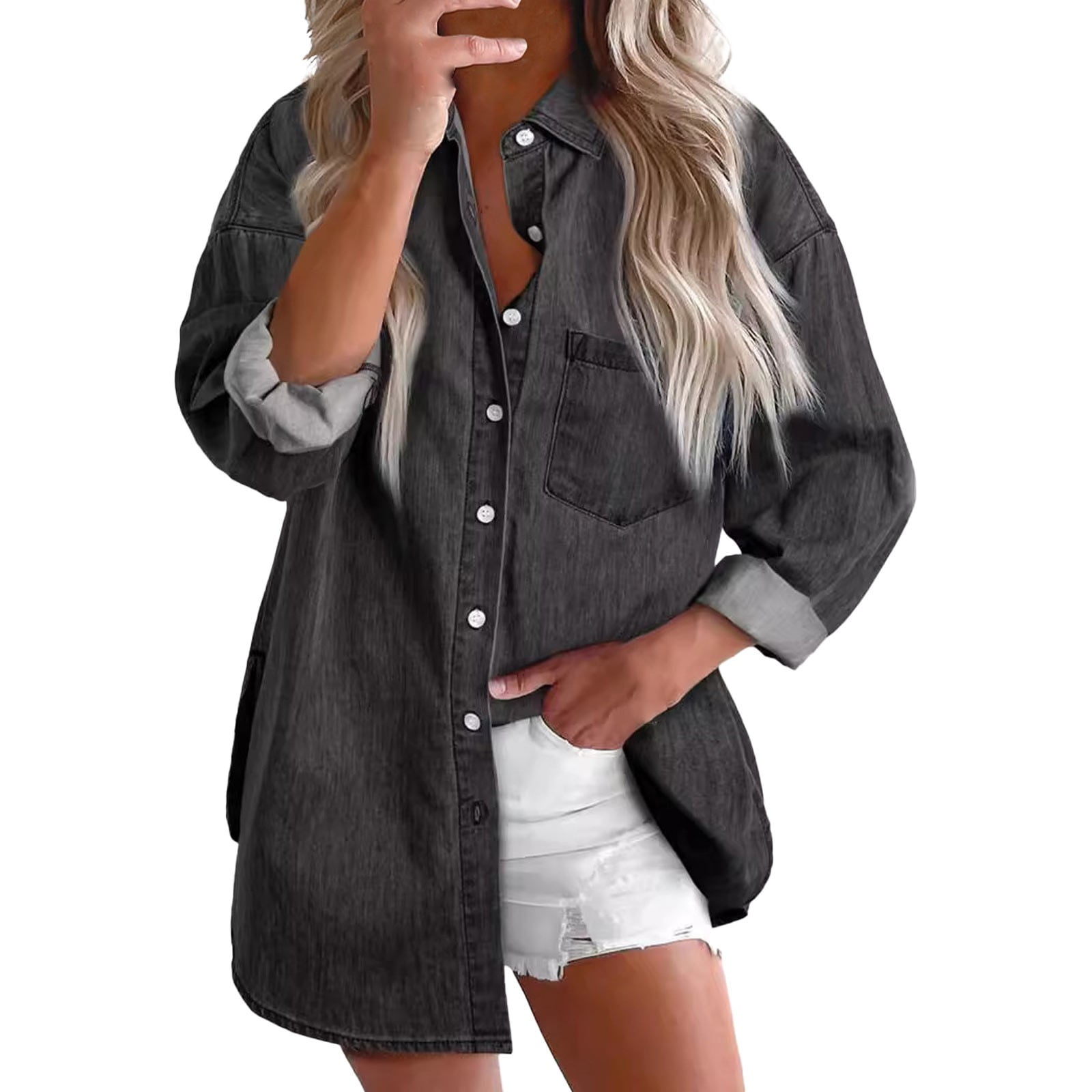 BILIKEYU Women's Denim Long Sleeve V Neck Casual Tops, Womens Tops ...