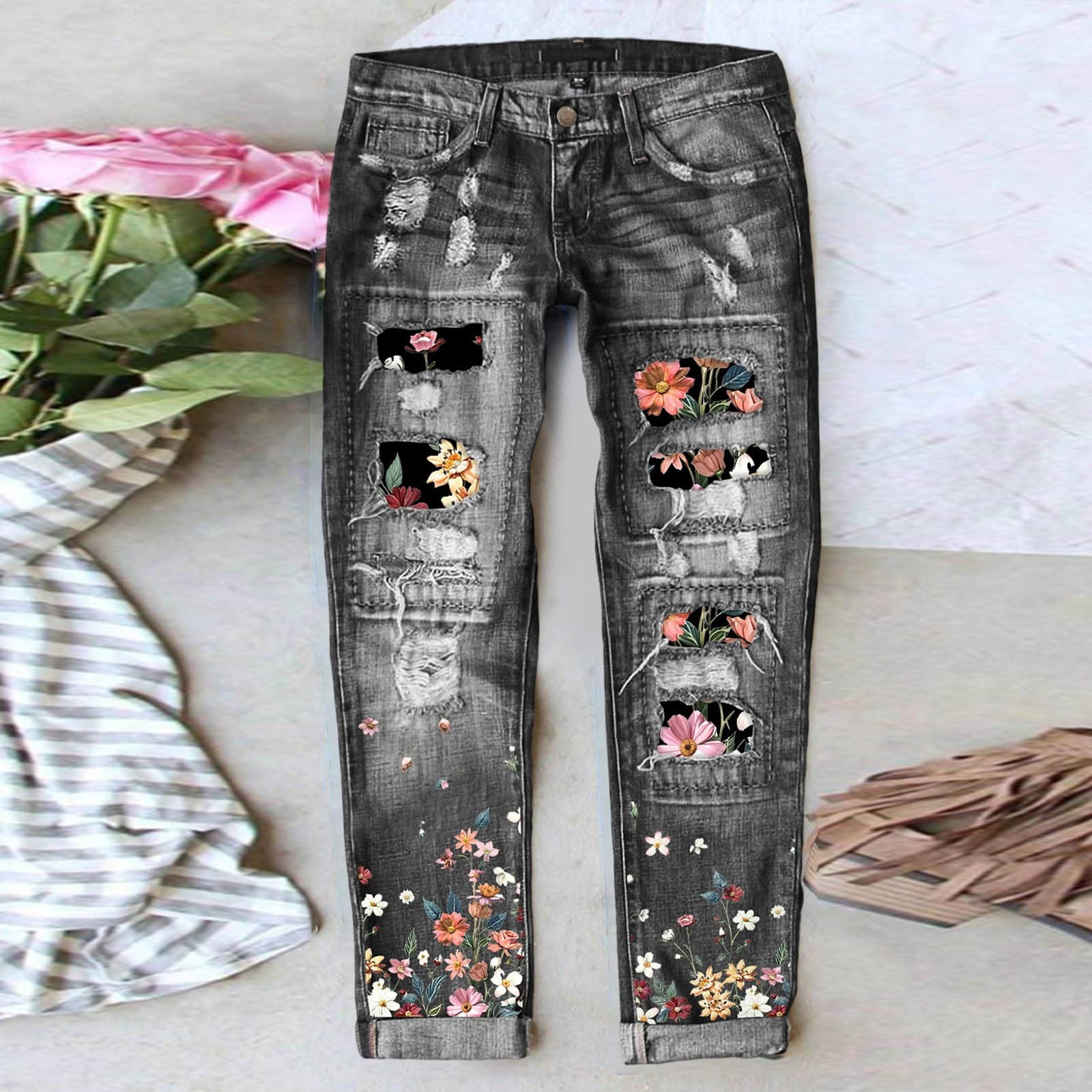 BILIKEYU Women's Plaid Ripped Skinny Denim Jeans, Fall Outfits for ...