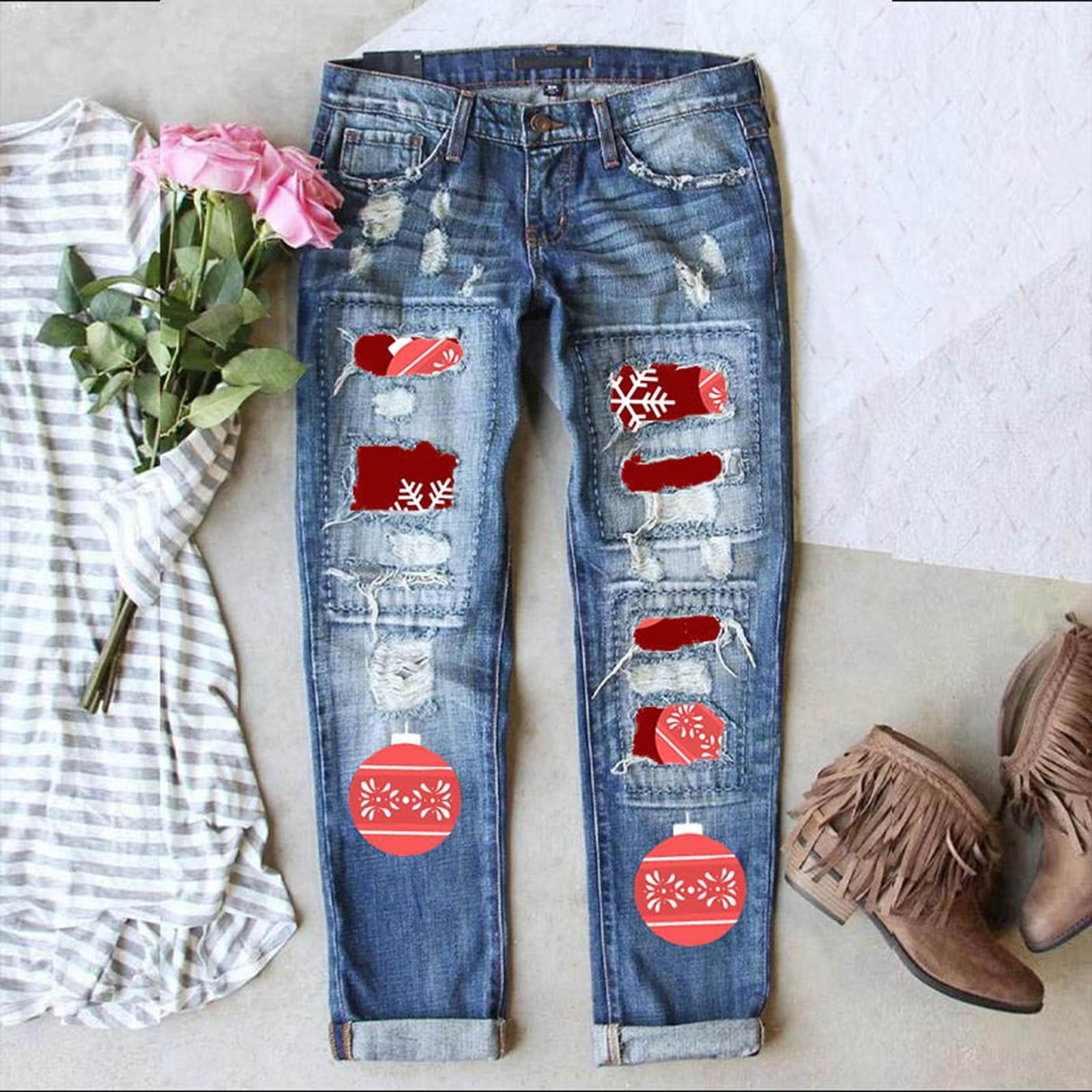 BILIKEYU Women's Plaid Ripped Skinny Denim Jeans, Stretchy Jeans for ...