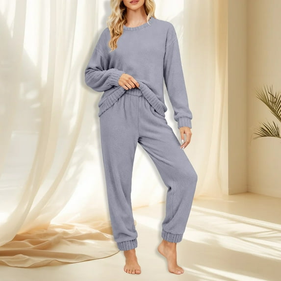 BILIKEYU Women's Pure Color Fleece Warm Pajamas Set, Fleece Pajamas ...