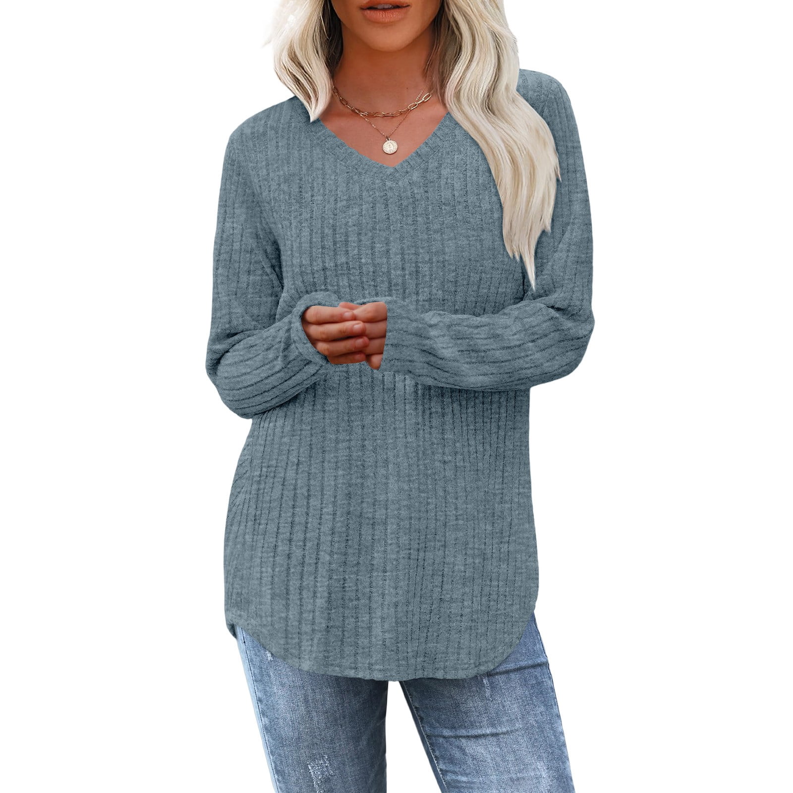 BILIKEYU Women's Solid Color Casual Top V Neck Stripe Loose Long Sleeve ...