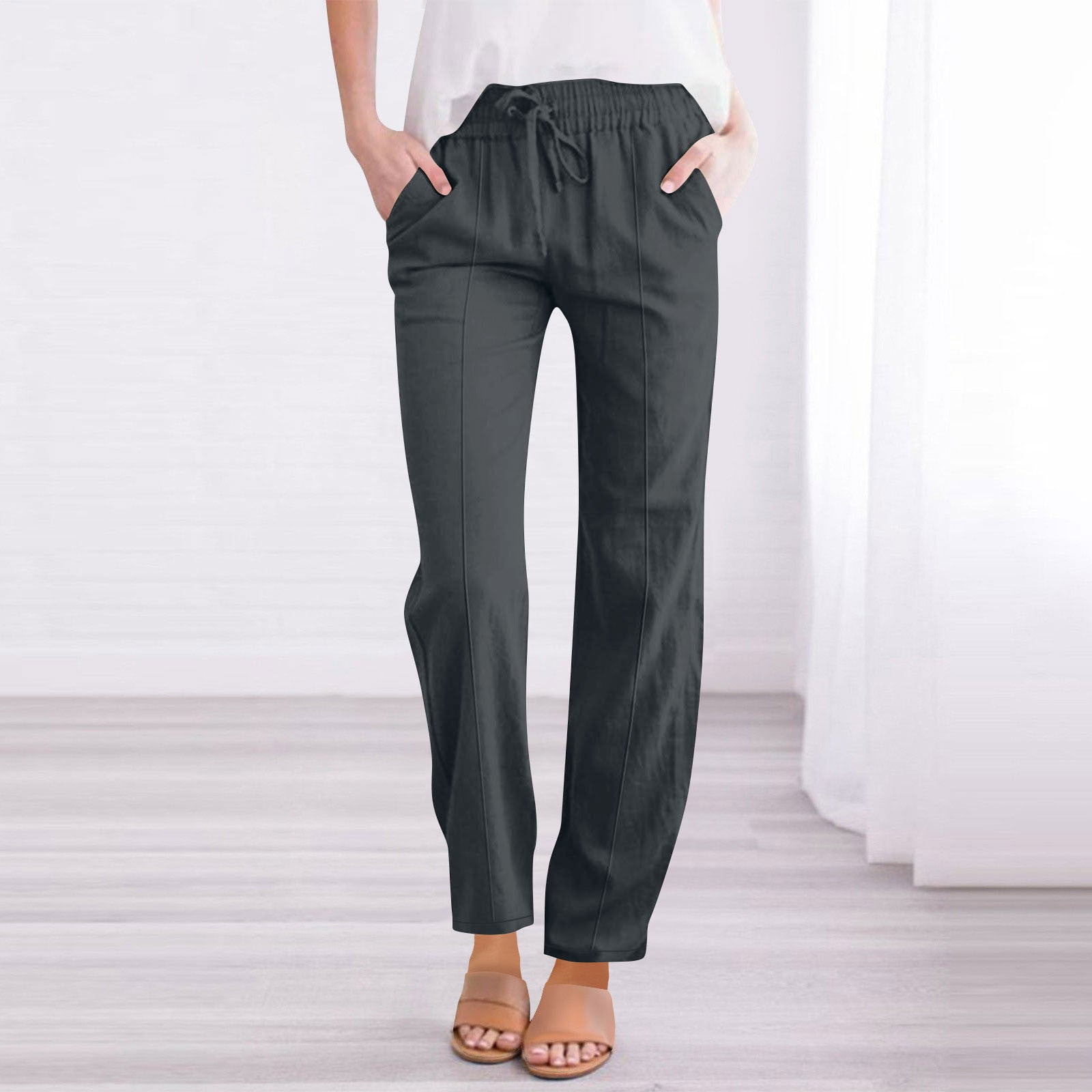 BILIKEYU Women's Solid Color Cotton And Linen Loose Casual Wide Leg ...