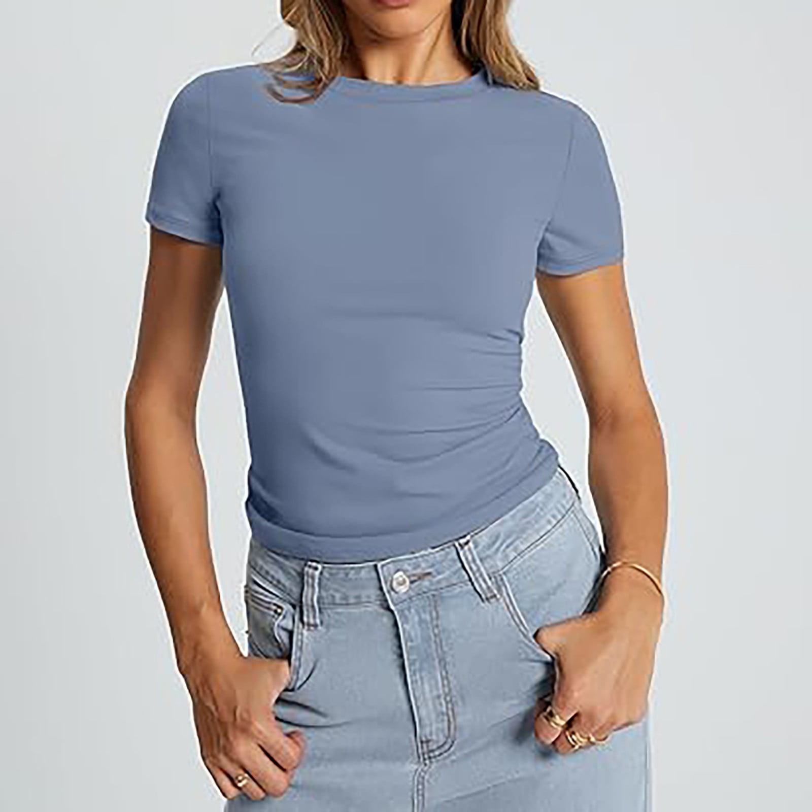 BILIKEYU Women's Summer Crop Tops Short Sleeve Round Neck T-Shirt Basic ...