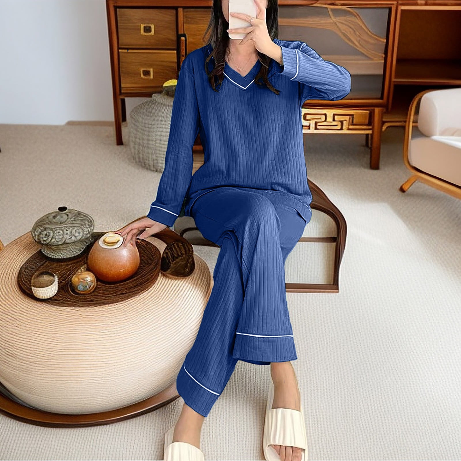 BILIKEYU Women's V Neck Long Sleeved Loose Casual Large Pajamas Set ...