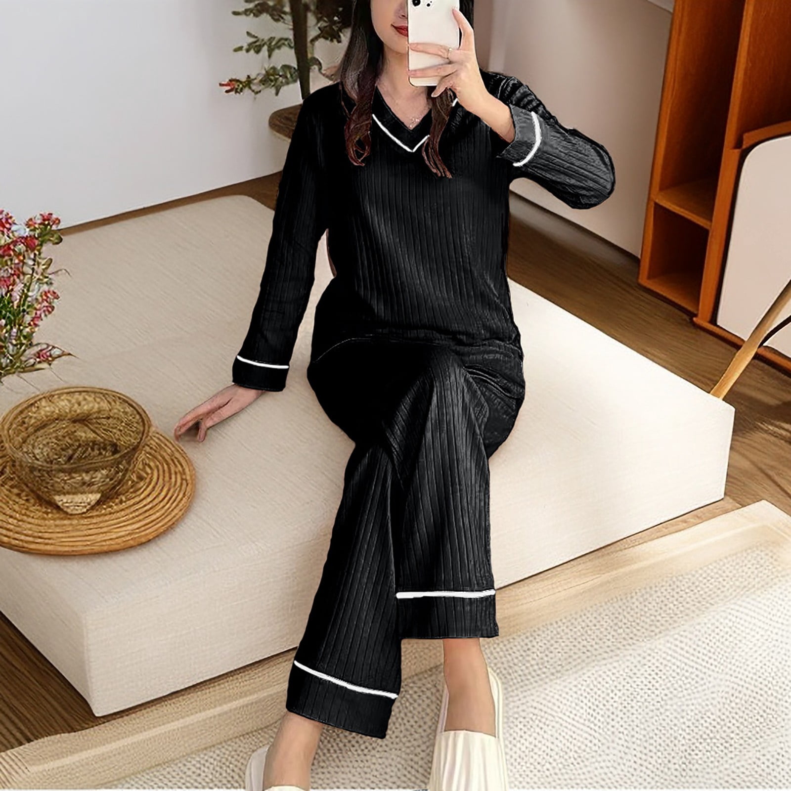 BILIKEYU Women's V Neck Long Sleeved Loose Casual Large Pajamas Set ...
