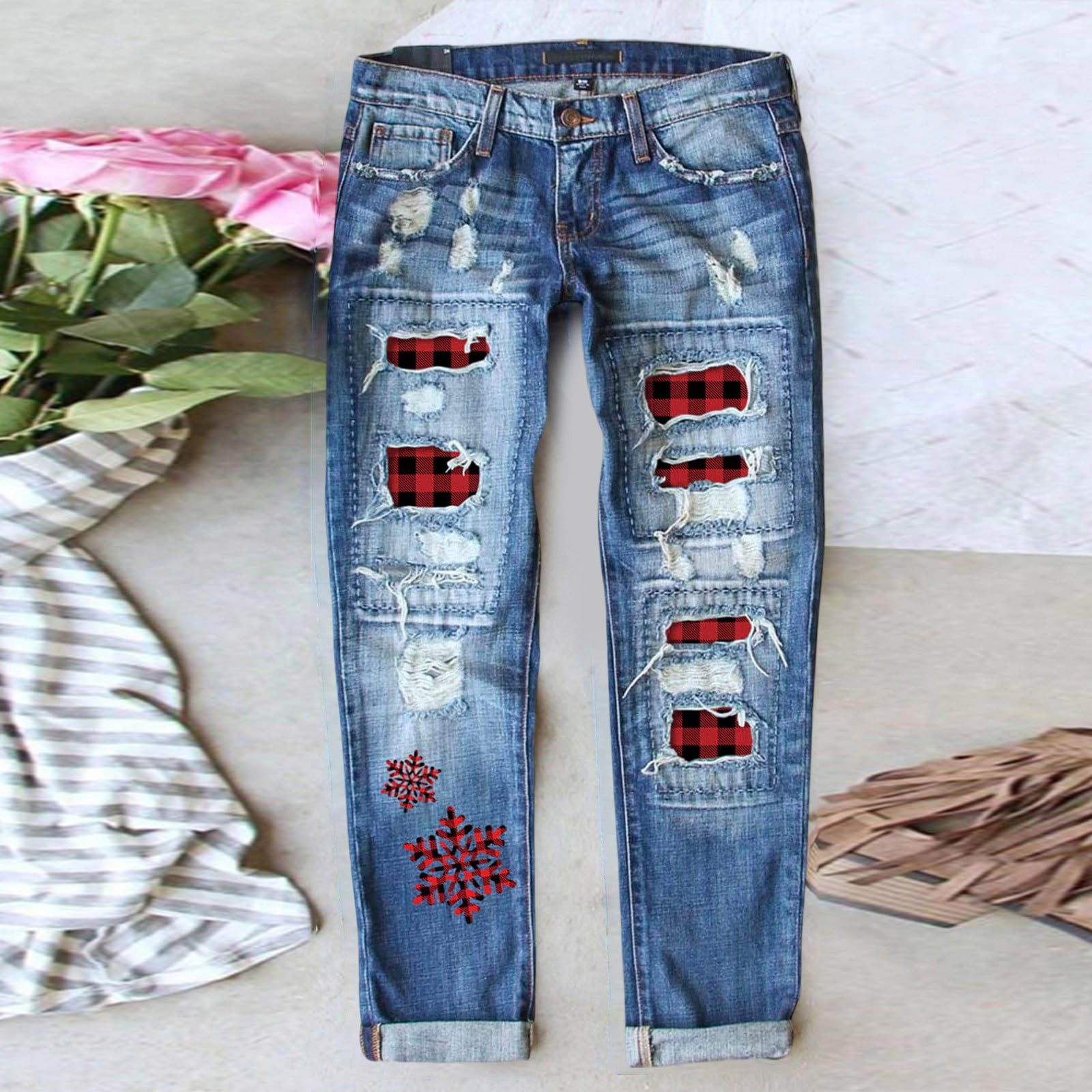 BILIKEYU Womens Plaid Patch Ripped Distressed Skinny Denim Jeans with ...
