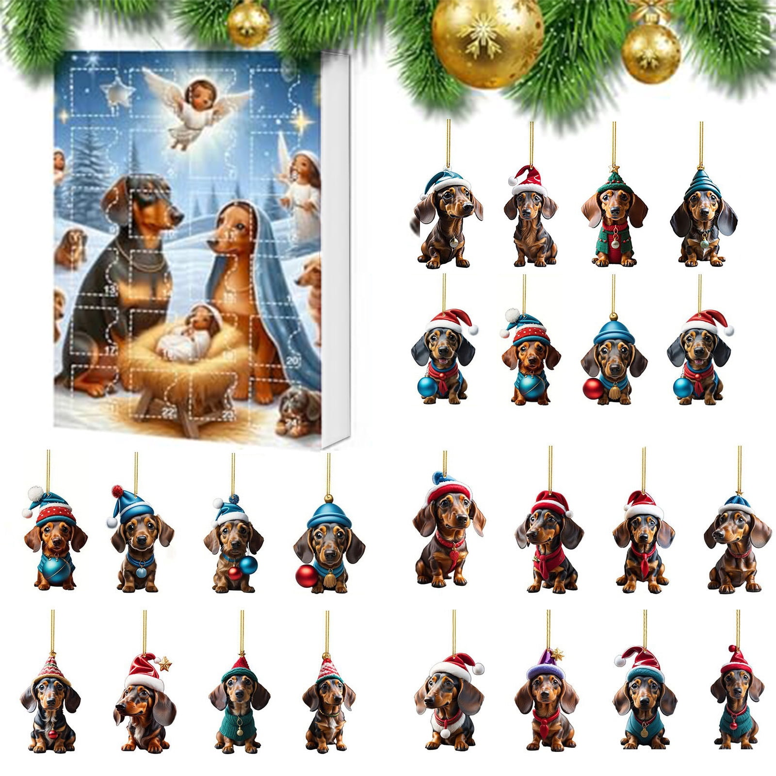 BILINGM Christmas Tree Decorations with Santa Hats Dachshund Countdown ...