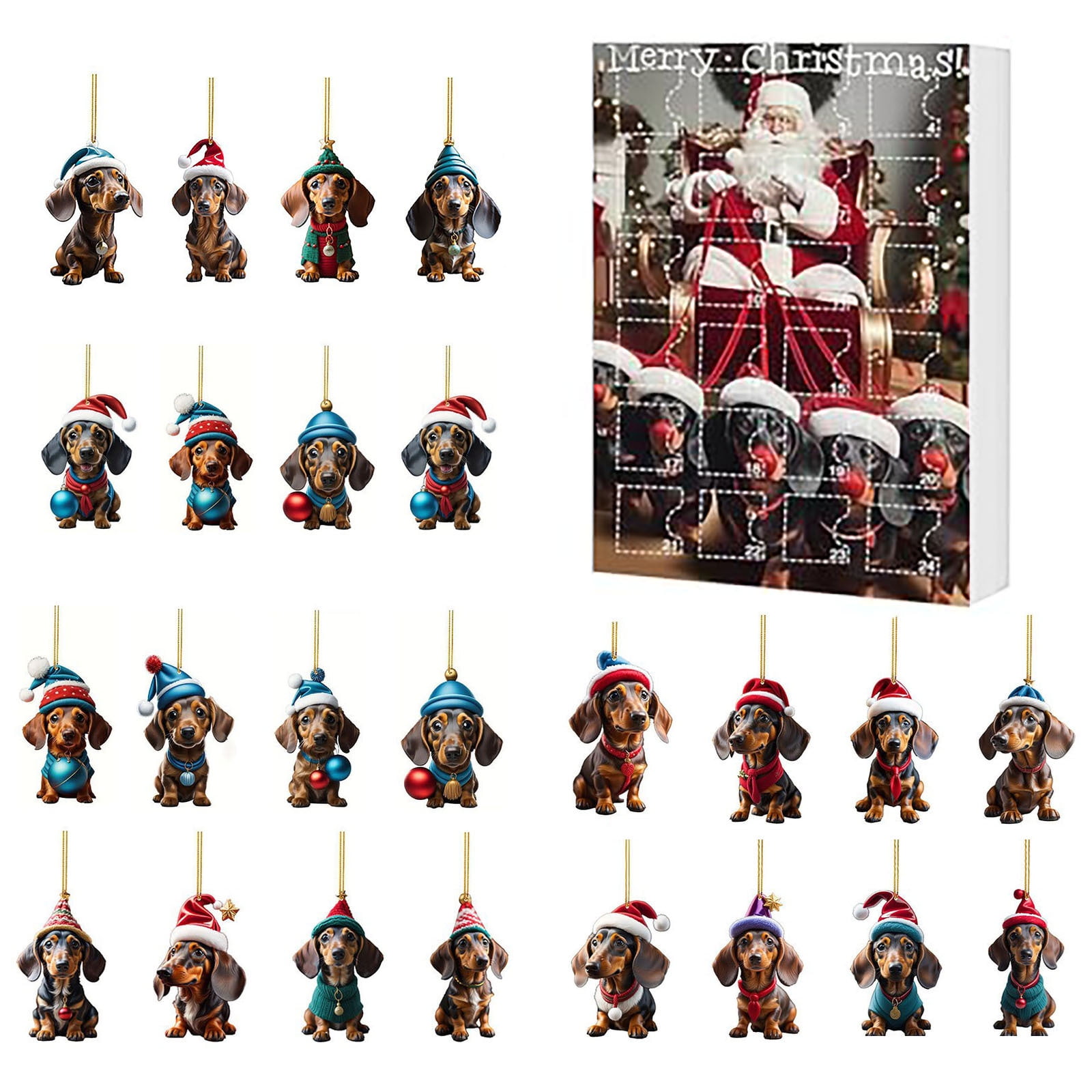 BILINGM Christmas Tree Decorations with Santa Hats Dachshund Countdown ...