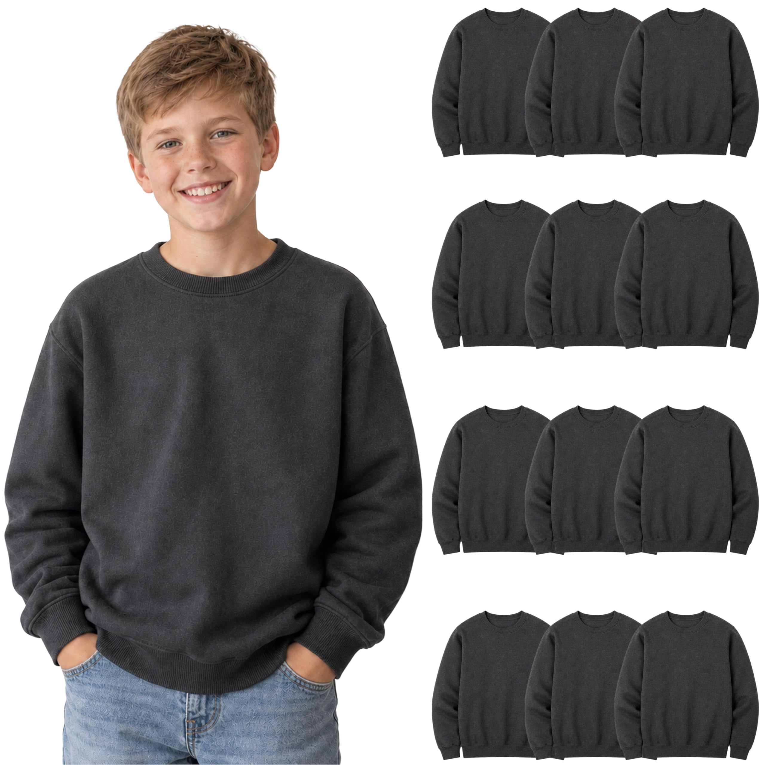 BILLIONHATS 12 Pack Charcoal Gray Kids Crewneck Sweatshirts, Bulk Youth ...