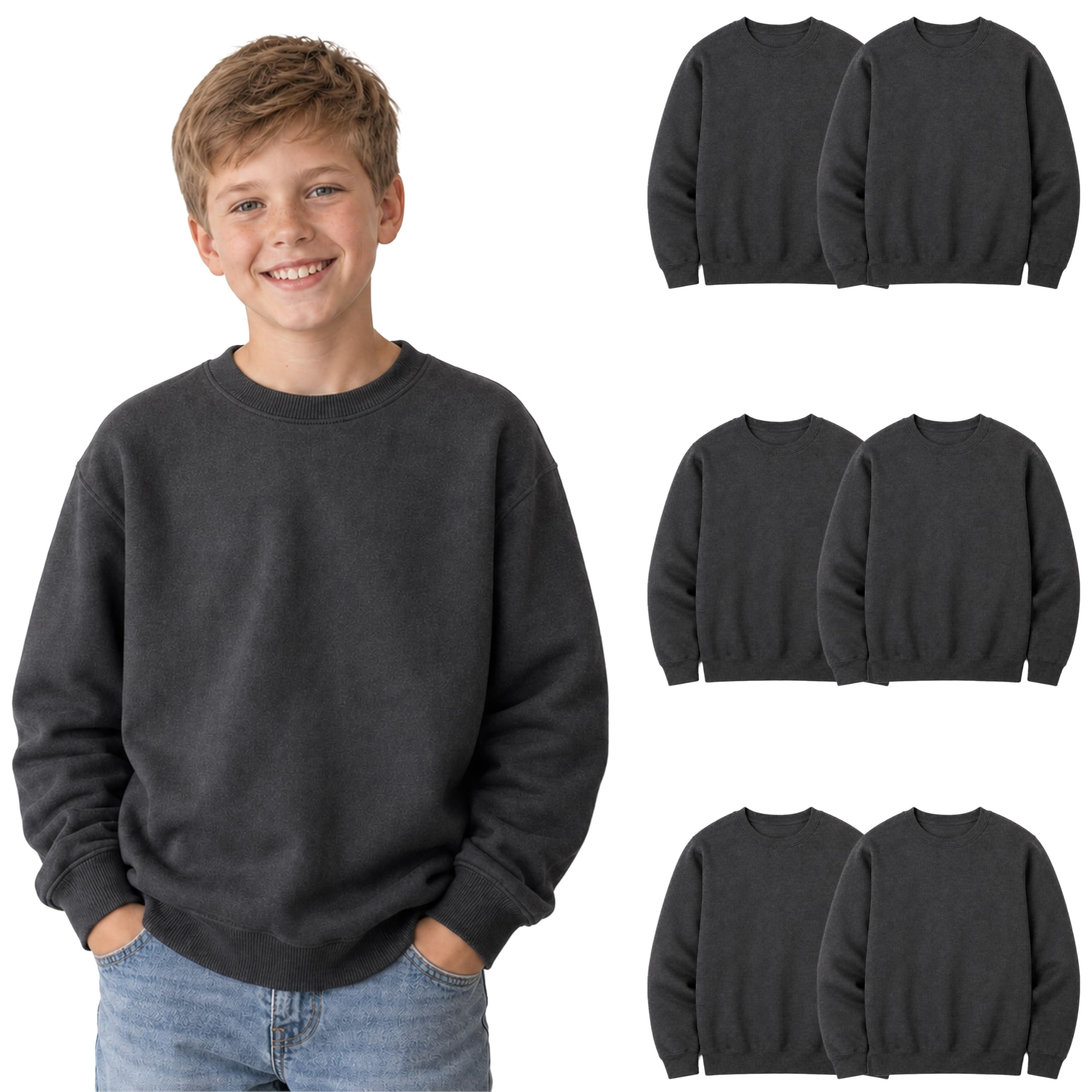 BILLIONHATS 3 Pack Charcoal Gray Kids Crewneck Sweatshirts, Bulk Youth ...