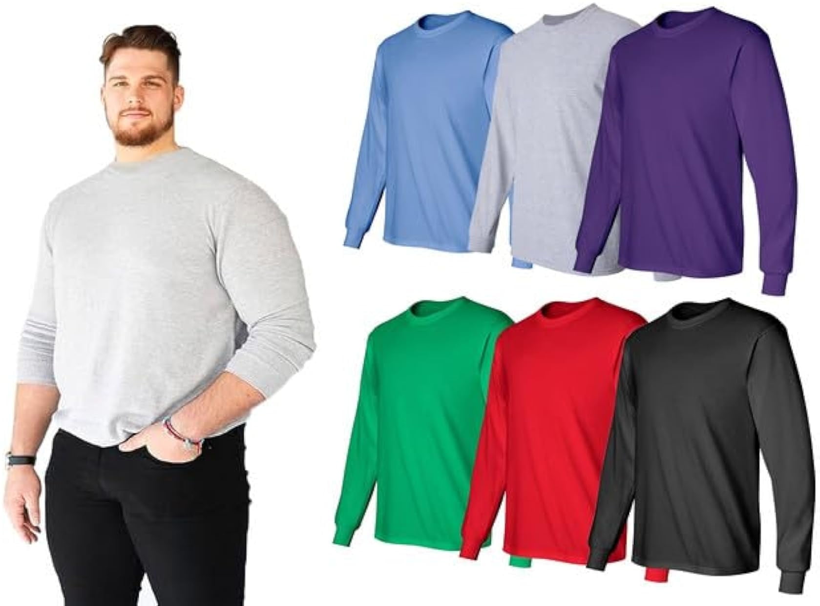 BILLIONHATS 6 Pack Big & Tall Long Sleeve Colorful T-Shirts for Mens 100% Cotton - Crew Neck ...