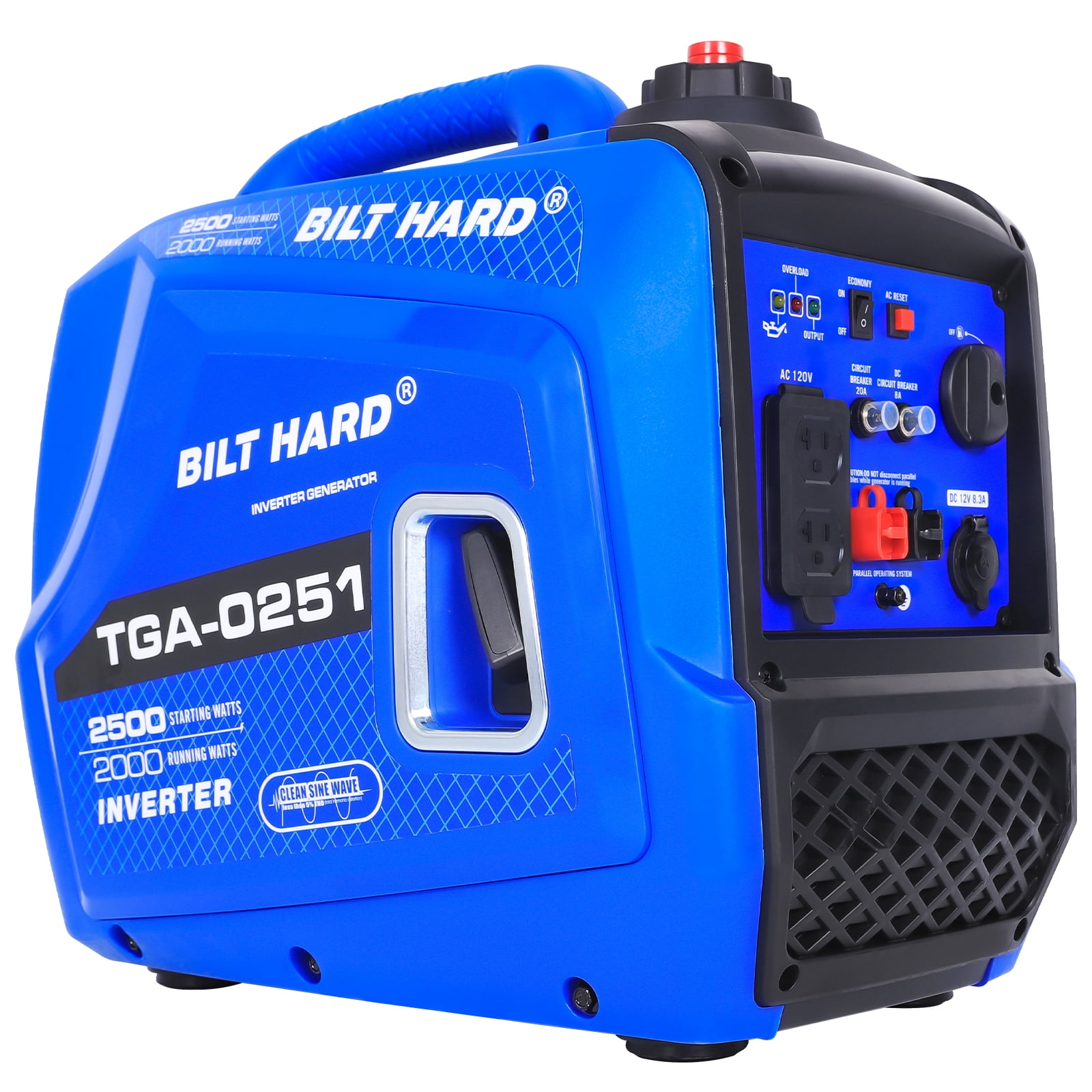 BILT HARD 2500W Quiet Inverter Generator, 80cc Engine, 120V AC/12V DC ...
