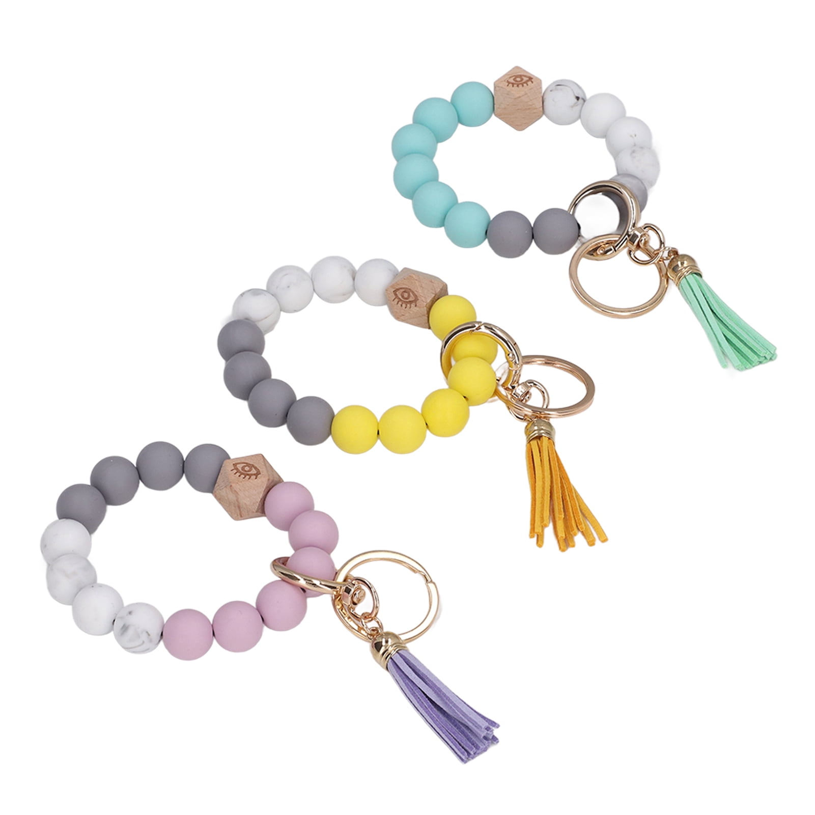 BIMZUC 3Pcs Keychain Bracelet Silicone Beads Metal Keyring Tassels ...