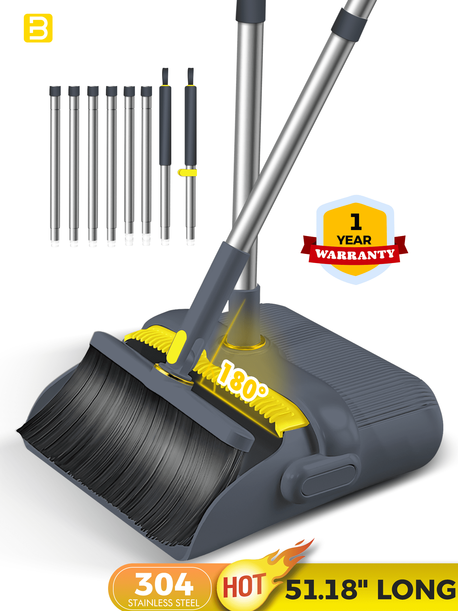 "BIMZUC Heavy-Duty Standing Broom and Dustpan Set, 51"" Stainless Steel ...