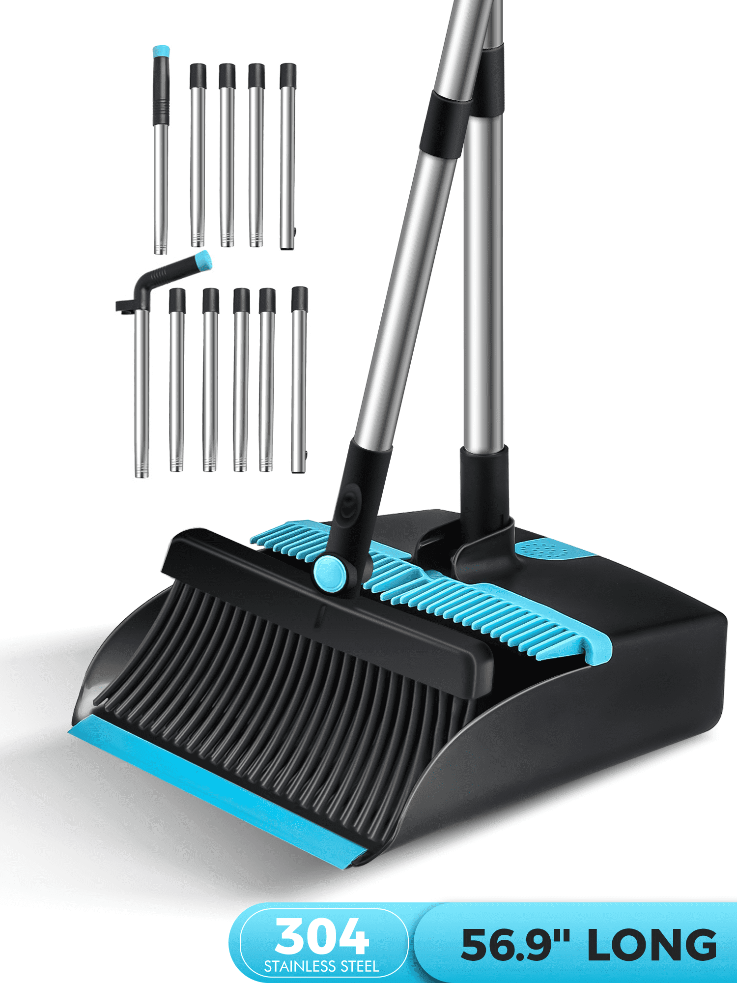 BIMZUC Broom and Dust Pan Combo,Steel Broom and Dustpan Set for Home,Dust Pan with 56.9" Long ...