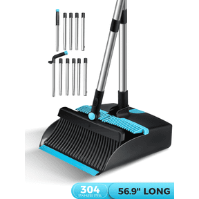 BIMZUC Broom and Dustpan Set, 56.9" Long Handle, Steel, Black, for Home ...