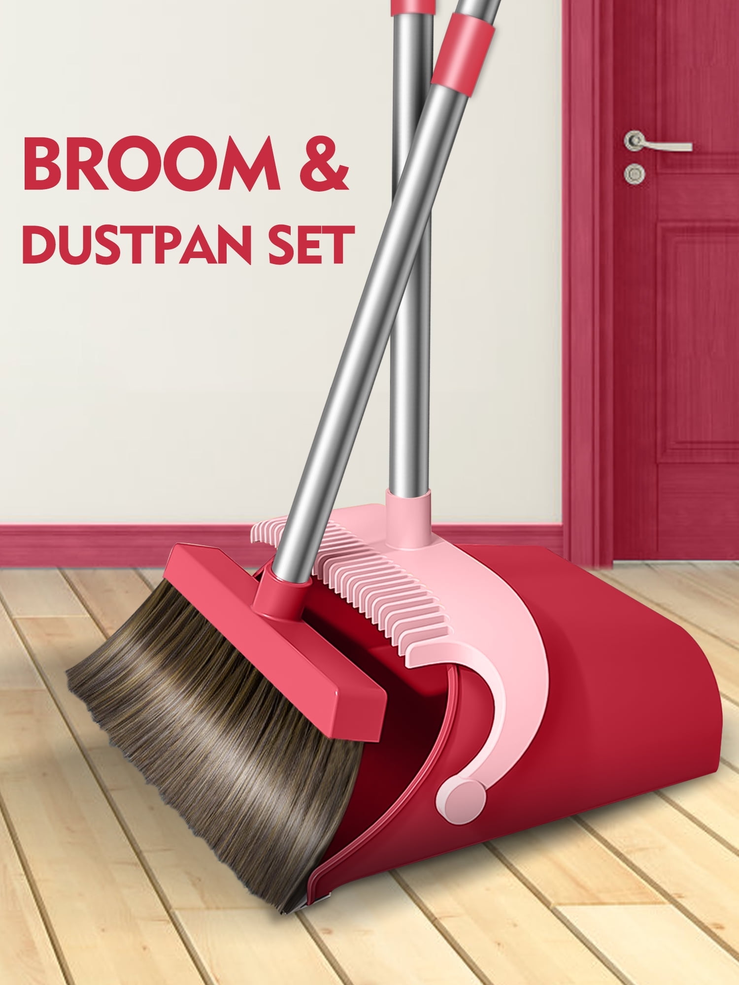 BIMZUC Broom and Dustpan Set for Home, 51" Long Handle Dustpan w/Comb ...