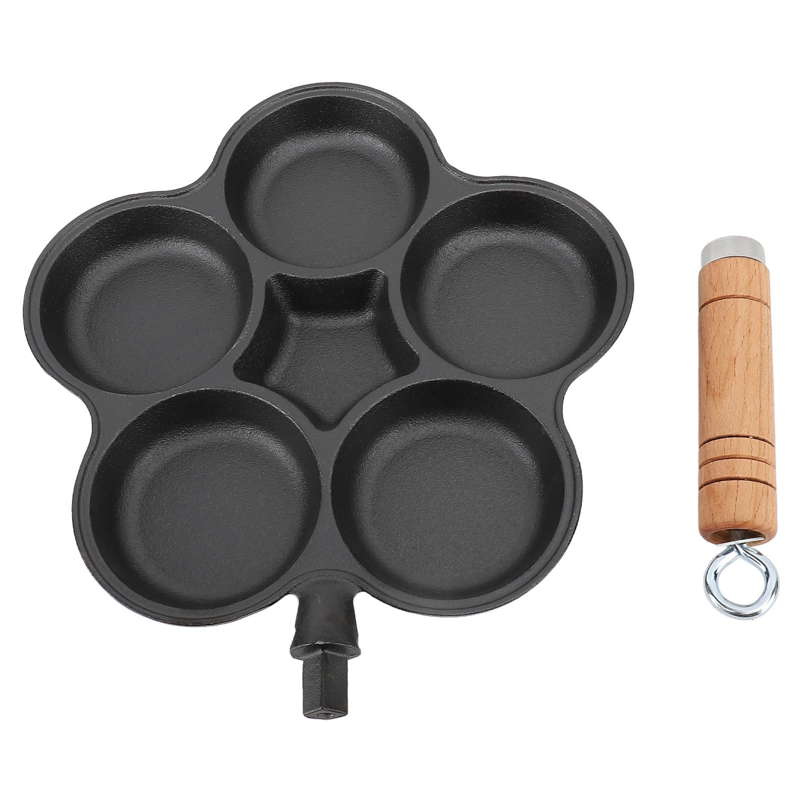 BIMZUC Cast‑Iron 5‑Hole Egg Frying Pan – Thick‑Bottom, Non‑Stick, Wood ...