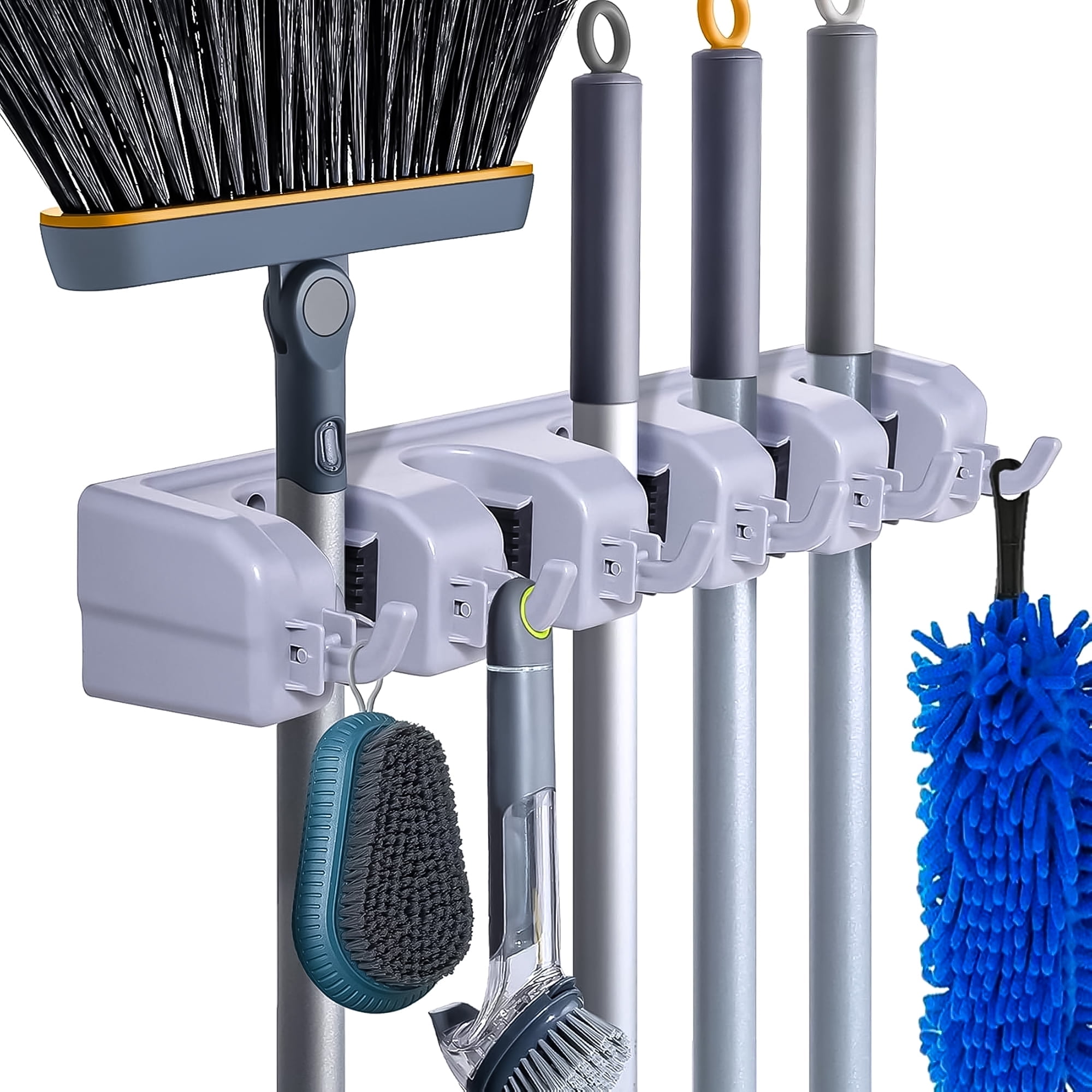BIMZUC Wall Mounted Broom Rack, 5 Position Plastic Storage Rack with ...