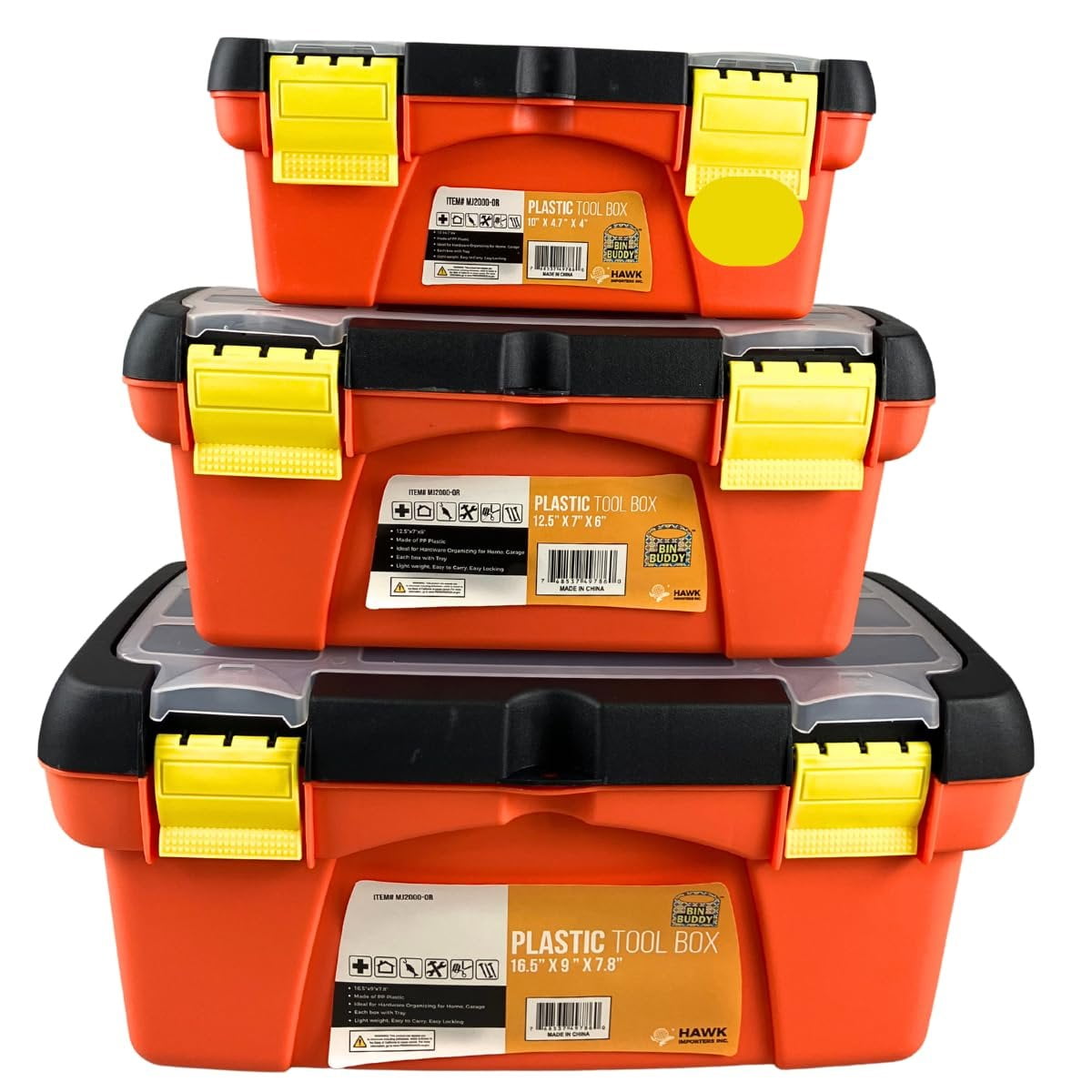 BIN BUDDY 3-Piece Plastic Tool Box Set with Tray Durable Orange Storage ...