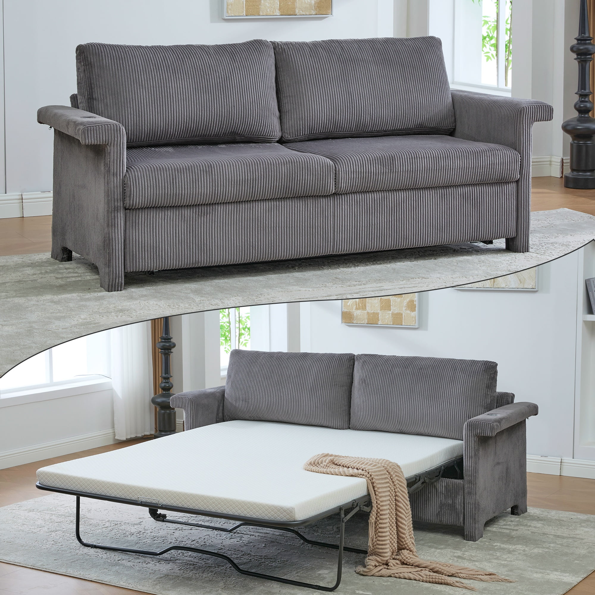 BINBANK 2-in-1 Full Size Corduroy Pull Out Sleeper Sofa Bed with USB ...