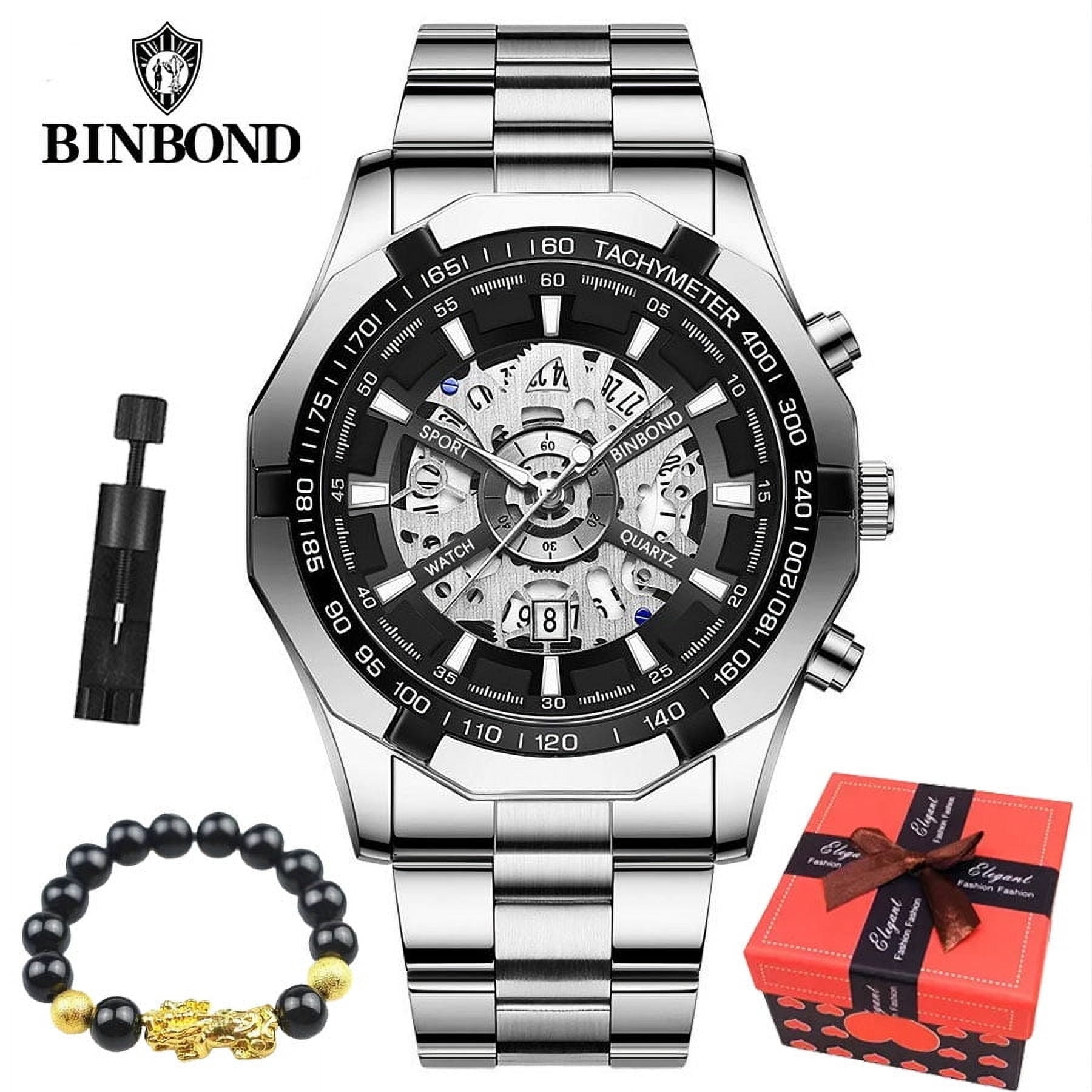 BINBOND Mens Skeleton Waterproof Round Quartz Watch with Stainless ...