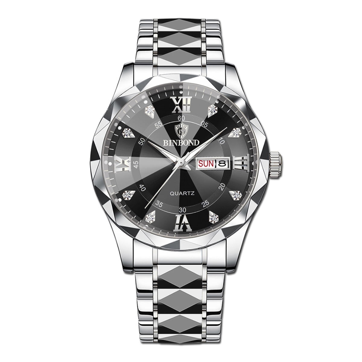 BINBOND Watch for Men Business Big Face Classic Diamond Easy to Read Steel Strap Quartz ...
