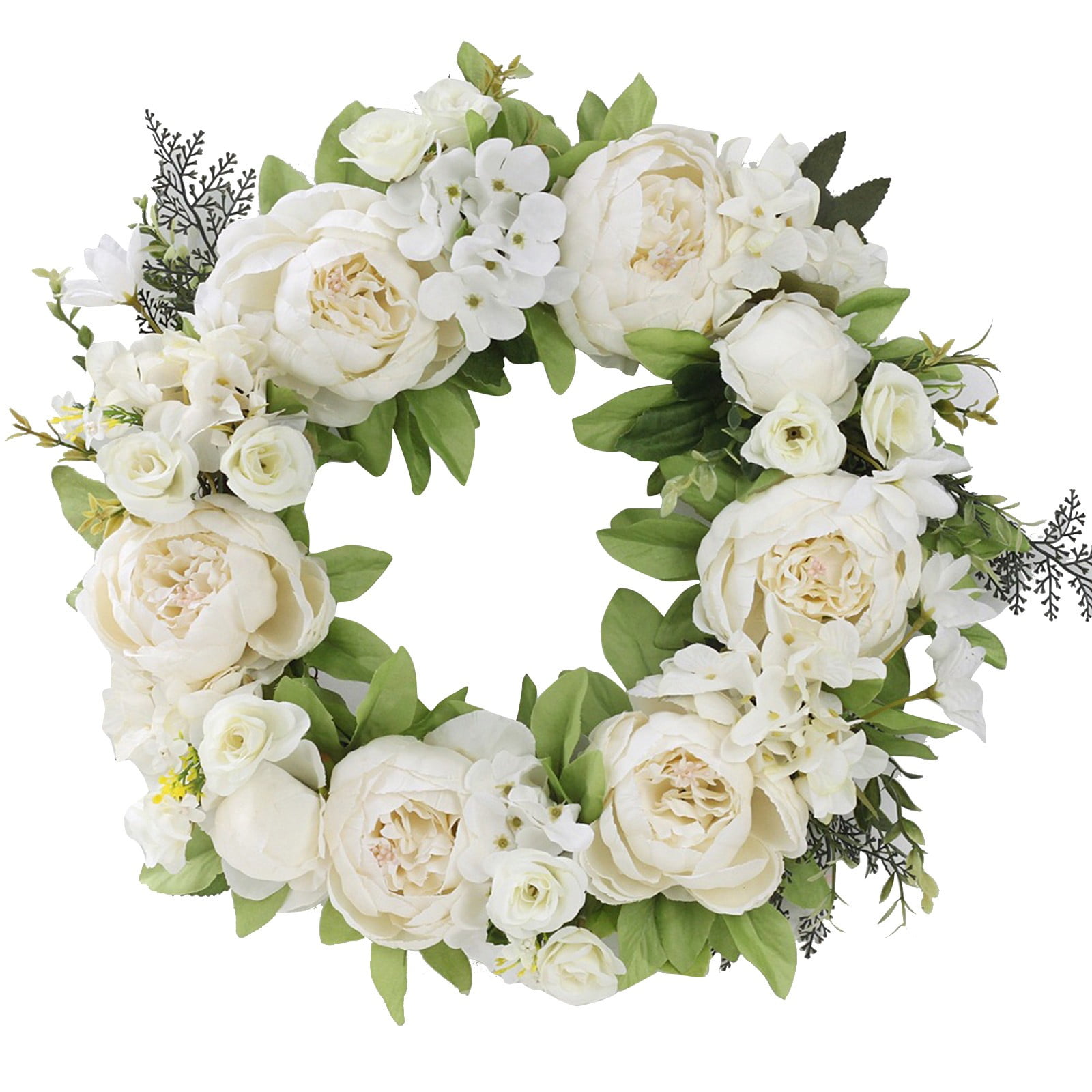 BINGLI Artificial Floral Wreath for Front Door, 16" White Peony Rose ...