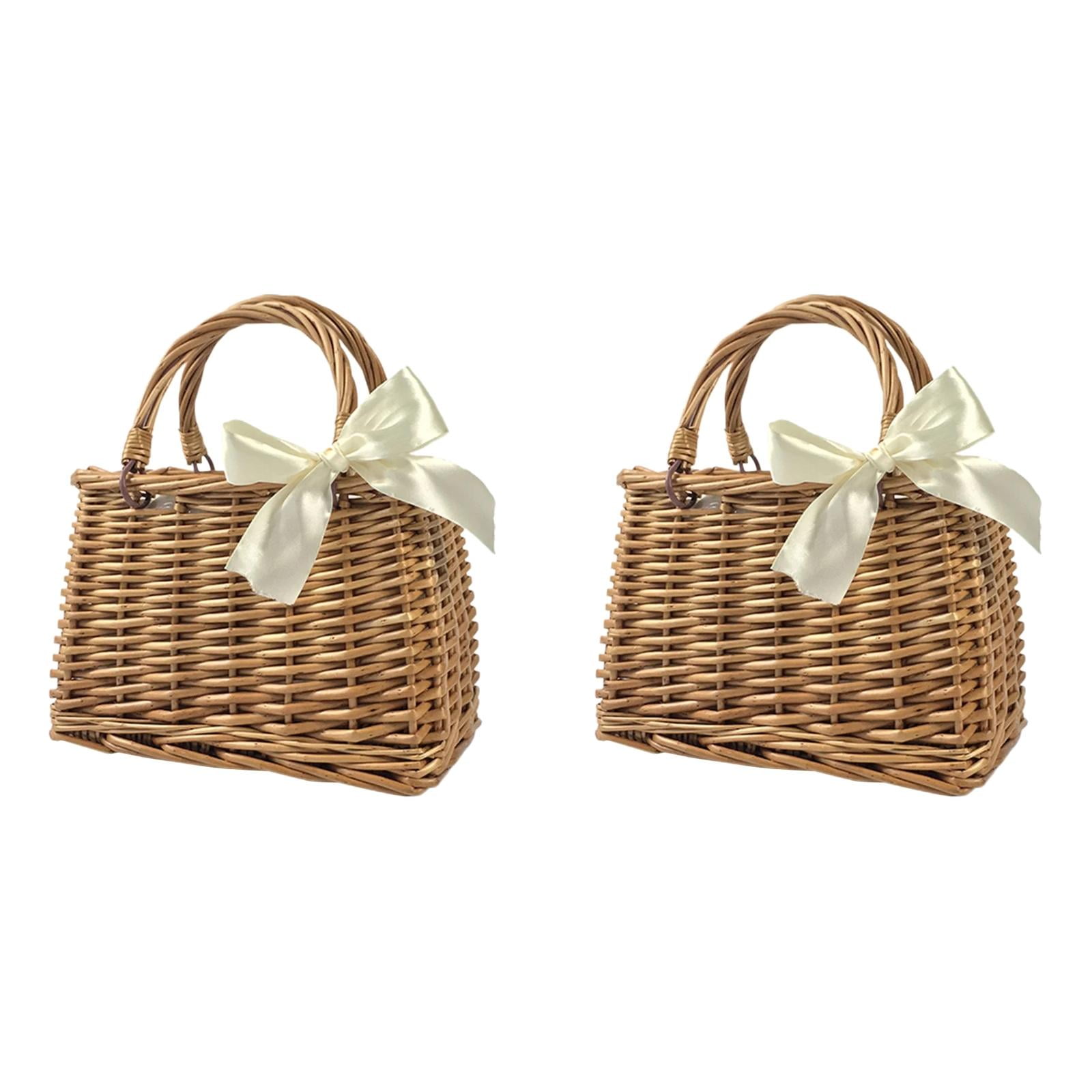 BINGLI Flower Girl Basket Boho Style Rattan Baskets with White Ribbon ...