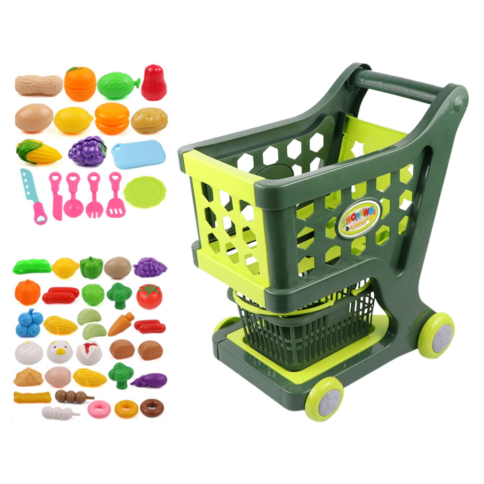 BINGLI Kids Shopping Cart Trolley Play Set with Pretend Food and ...