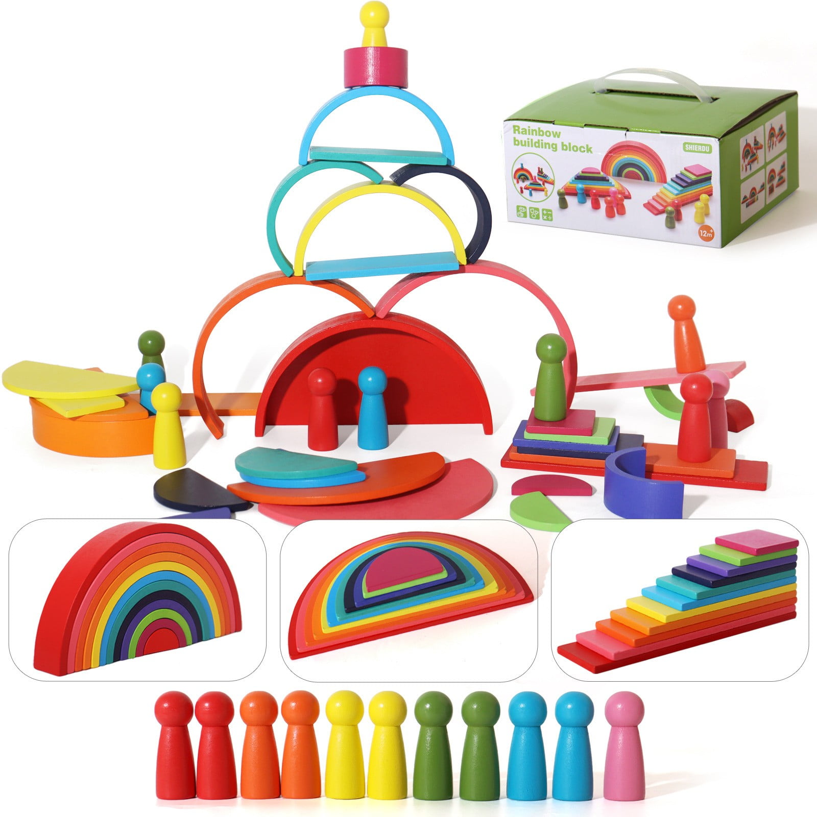 BINGLI Wooden Rainbow Stacking Toy Set - 40 Pieces 4-in-1 Montessori ...