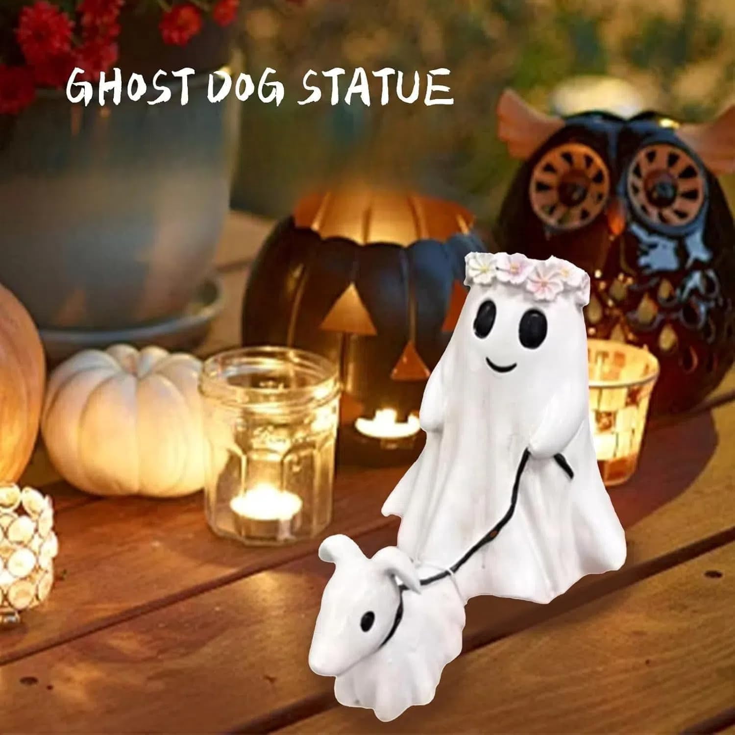 BINGTAOHU Ghosts Walking Dog Statue 2024 New Spooky Ghost with Wreath ...