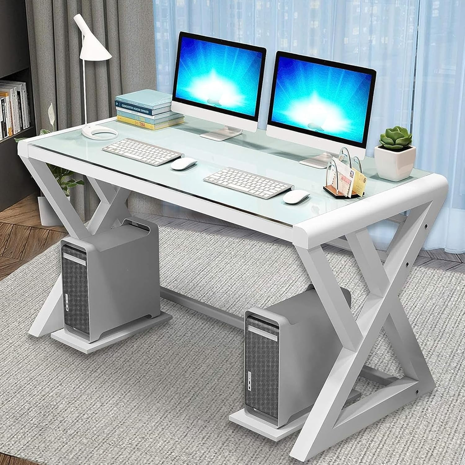 BINGTOO 55.1" Glass Top Computer Desk with Metal Frame - Modern Simple ...