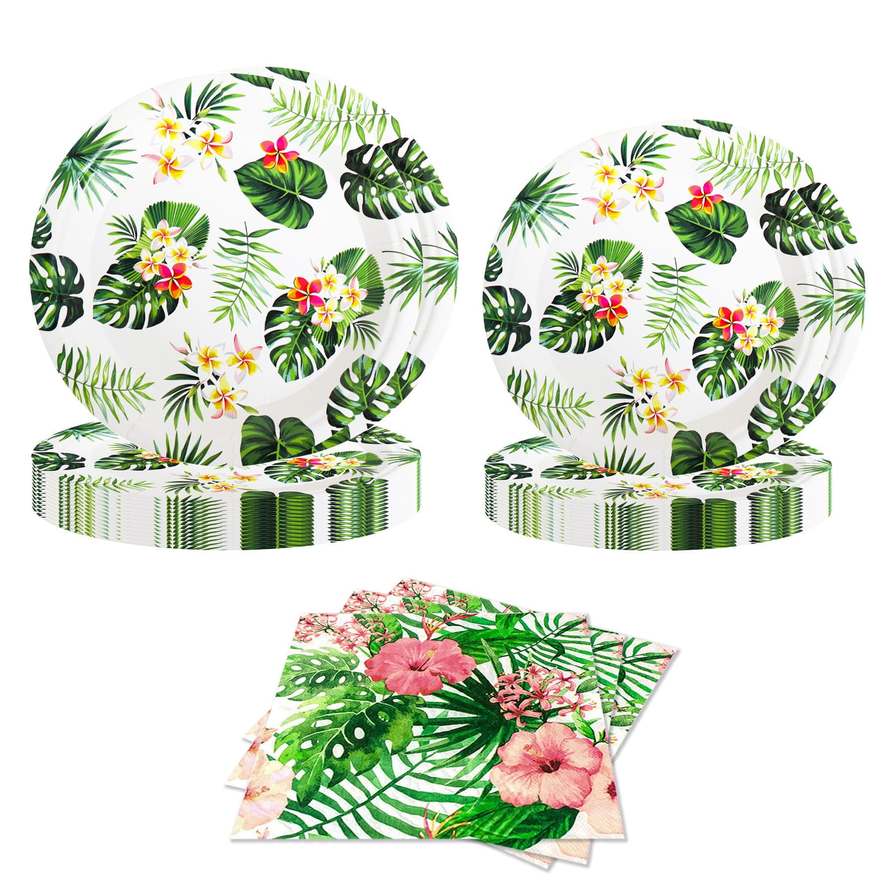 BINQOO 40PCS Tropical Hawaiian Luau Party AFN1Paper Plates Green Leaf ...