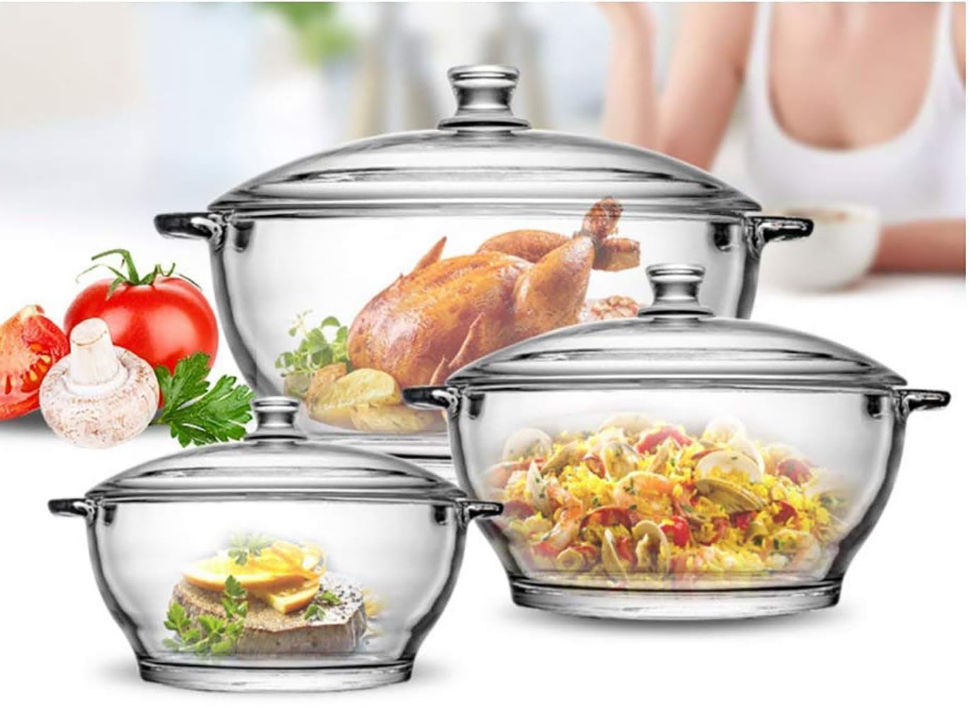 BINZO Glass Casserole with Glass Lids and Handle Set of 3 25 LTR 15 LTR ...