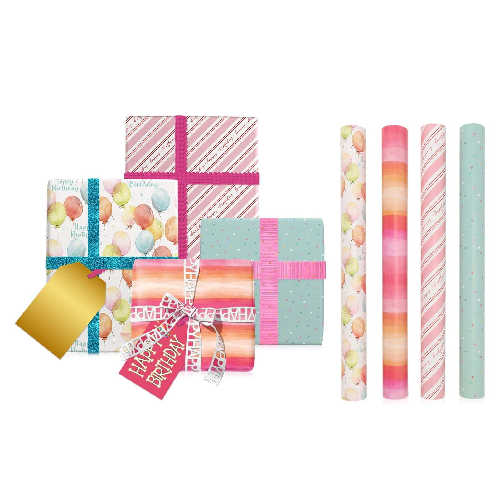 BIOBROWN Birthday Wrapping Paper Roll Set for Kids, Gift Wrap Bundle (4 ...