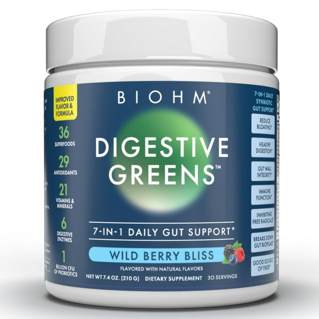 BIOHM Digestive Greens Powder, Probiotics, Mixed Berry Flavor, 7.4 oz ...