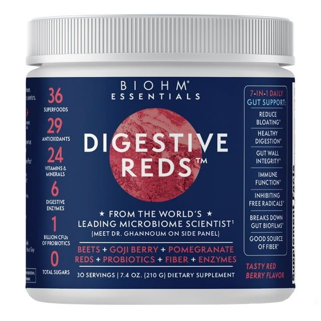 BIOHM Digestive Reds Powder, Probiotics, Red Berry Flavor, 7.4 oz, 30 Servings (Unisex ...