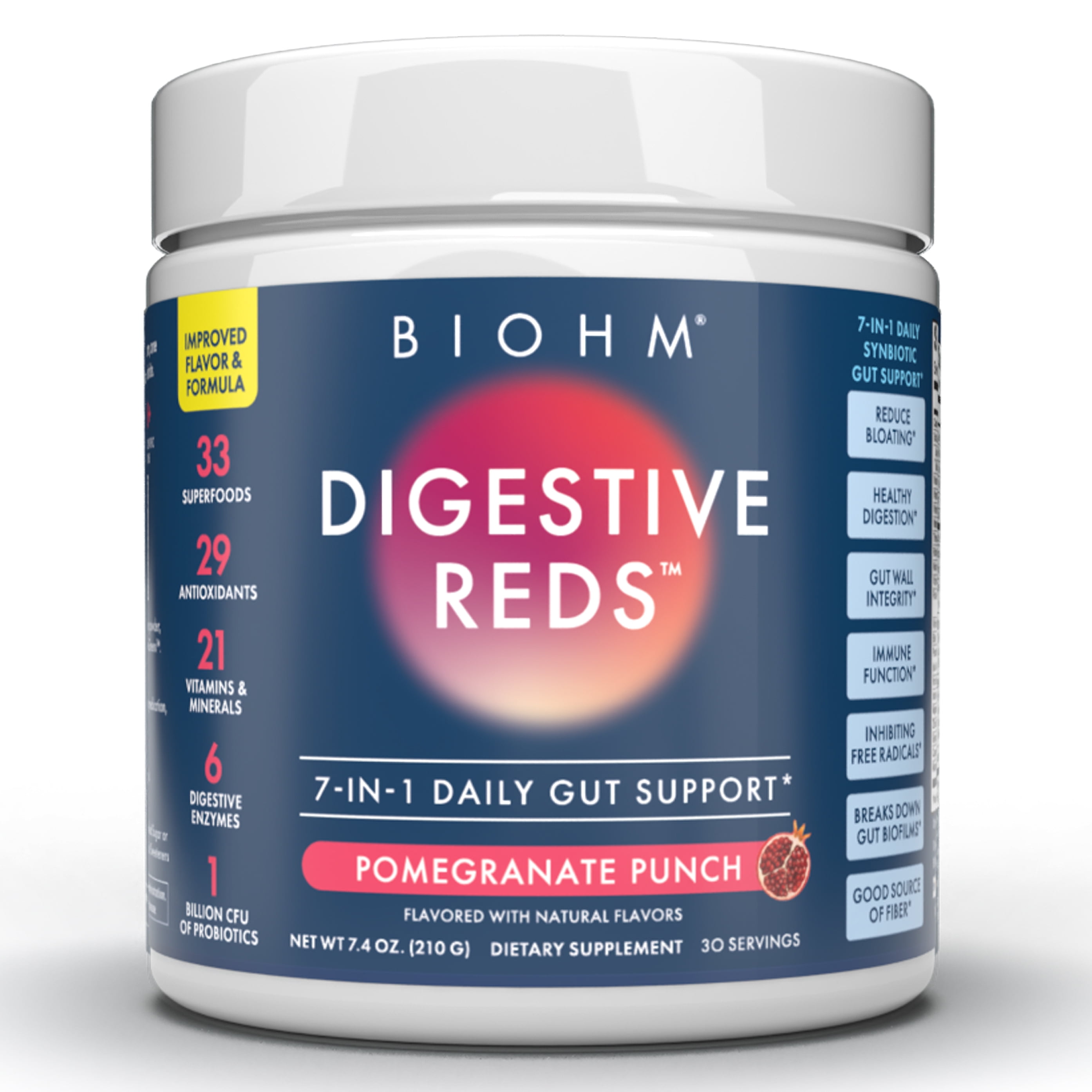 BIOHM Digestive Reds Powder 7.4 oz Probiotics Red Berry Flavor Supports ...