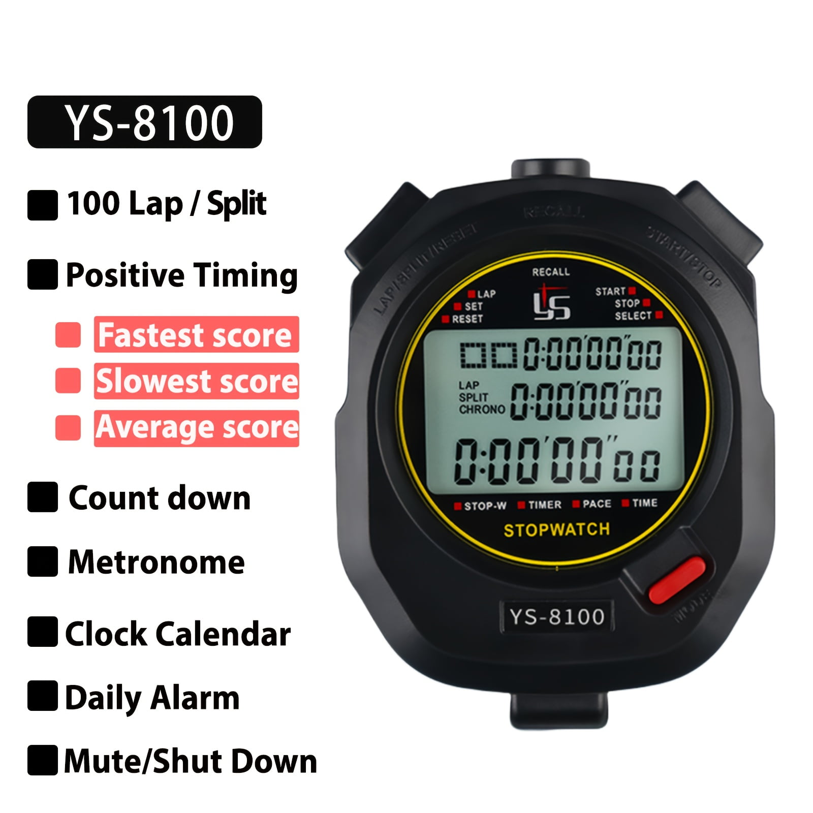 Biqianwo Digital Sports Stopwatch Timer Multi Lap Segmented Memory Stopwatch Calendar Alarm